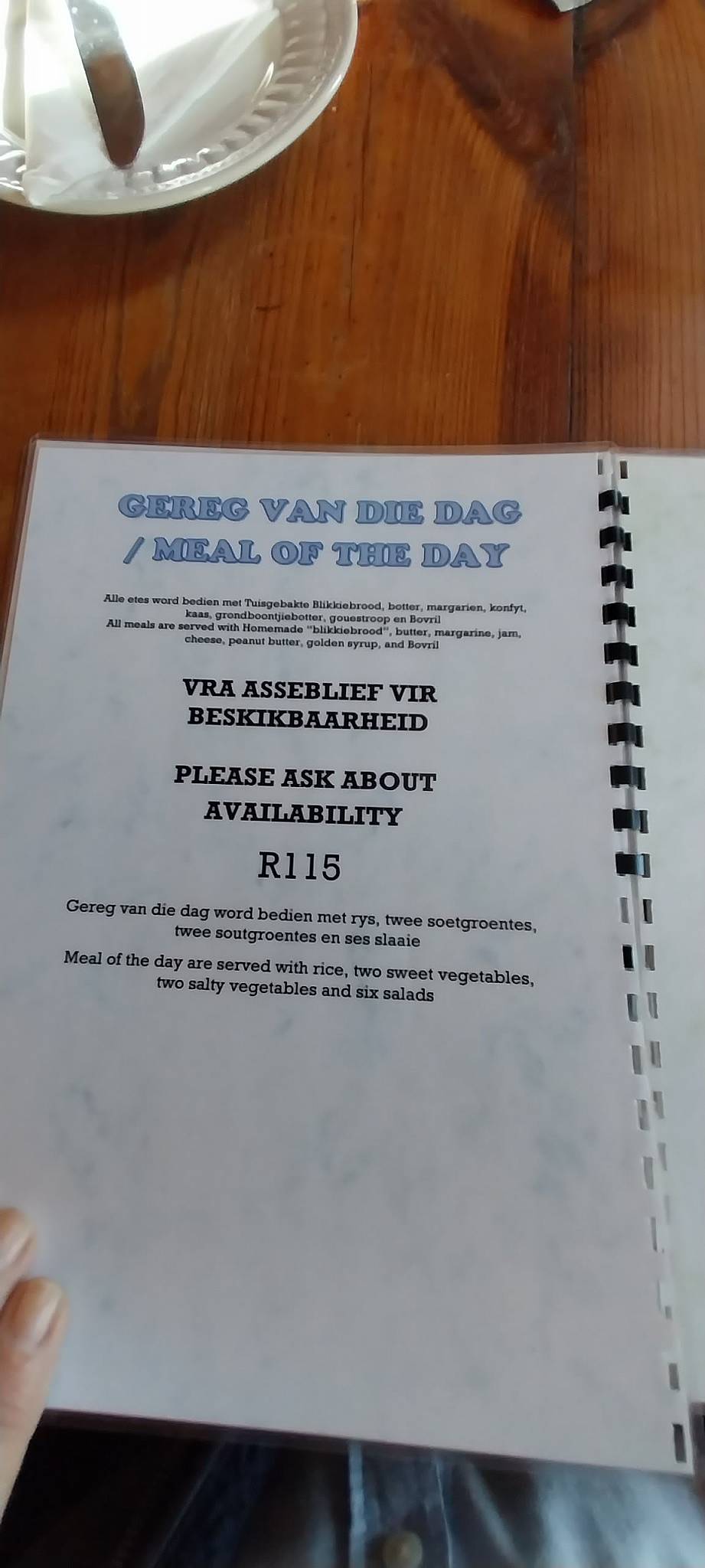 Menu at Hokaai Boerekos restaurant, South Africa