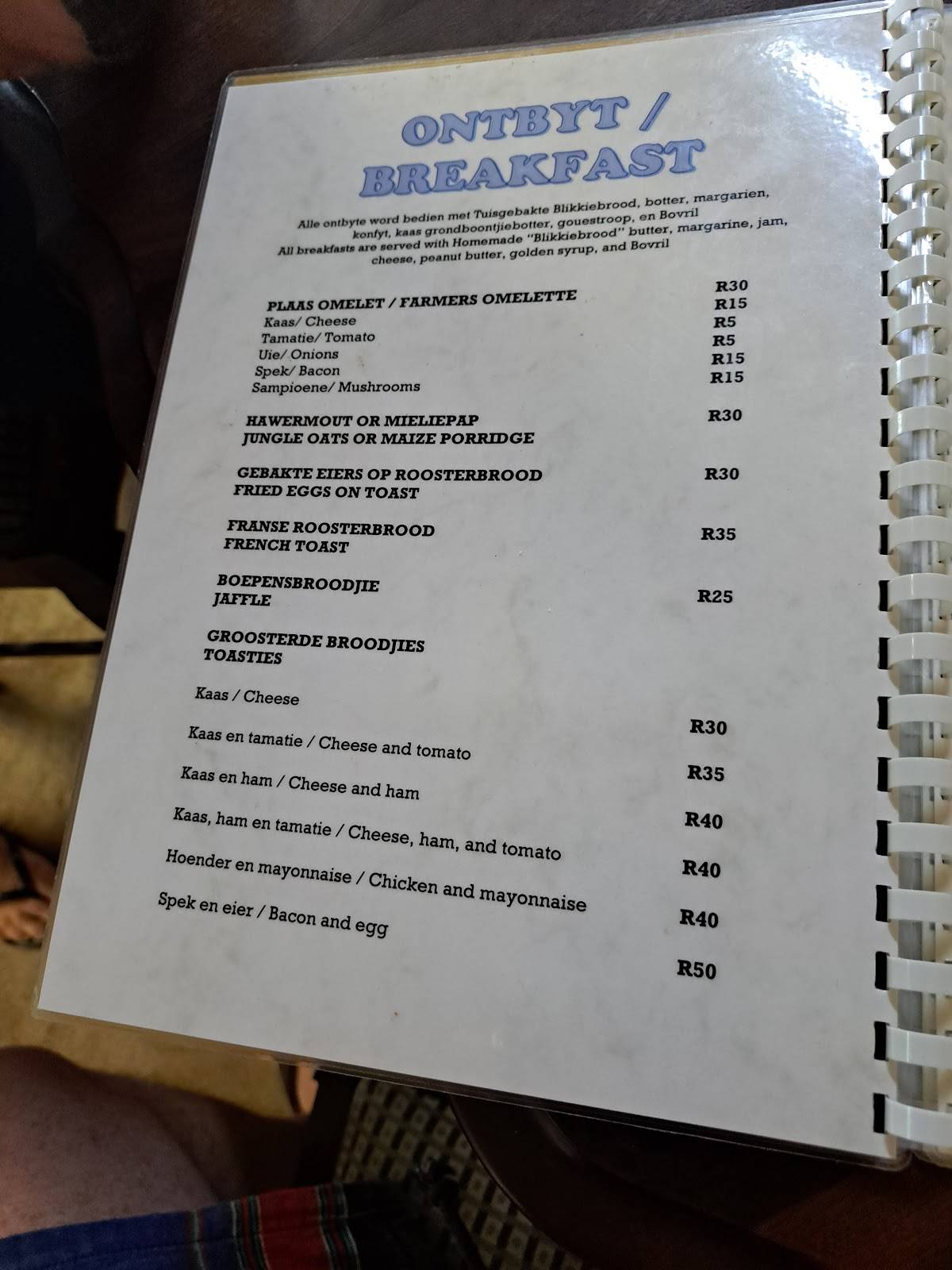 Menu at Hokaai Boerekos restaurant, South Africa