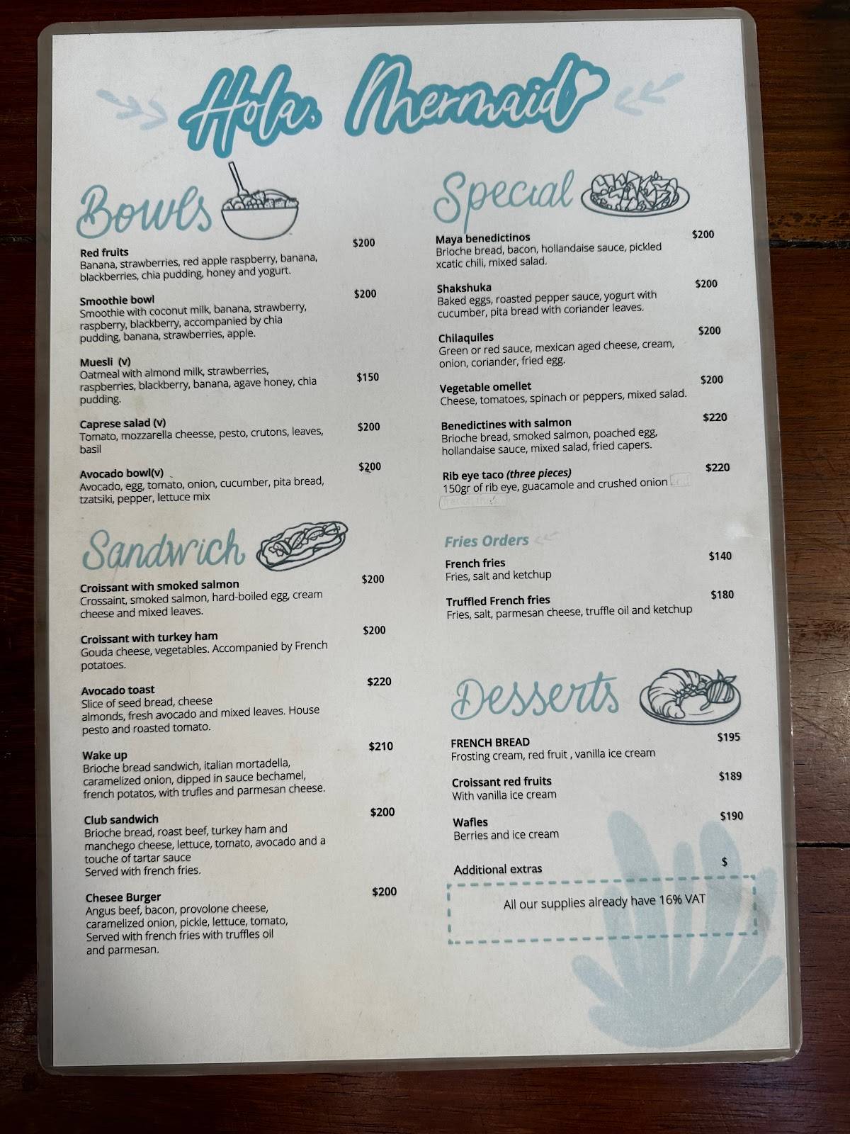 Menu at Hola Mermaid restaurant, Tulum