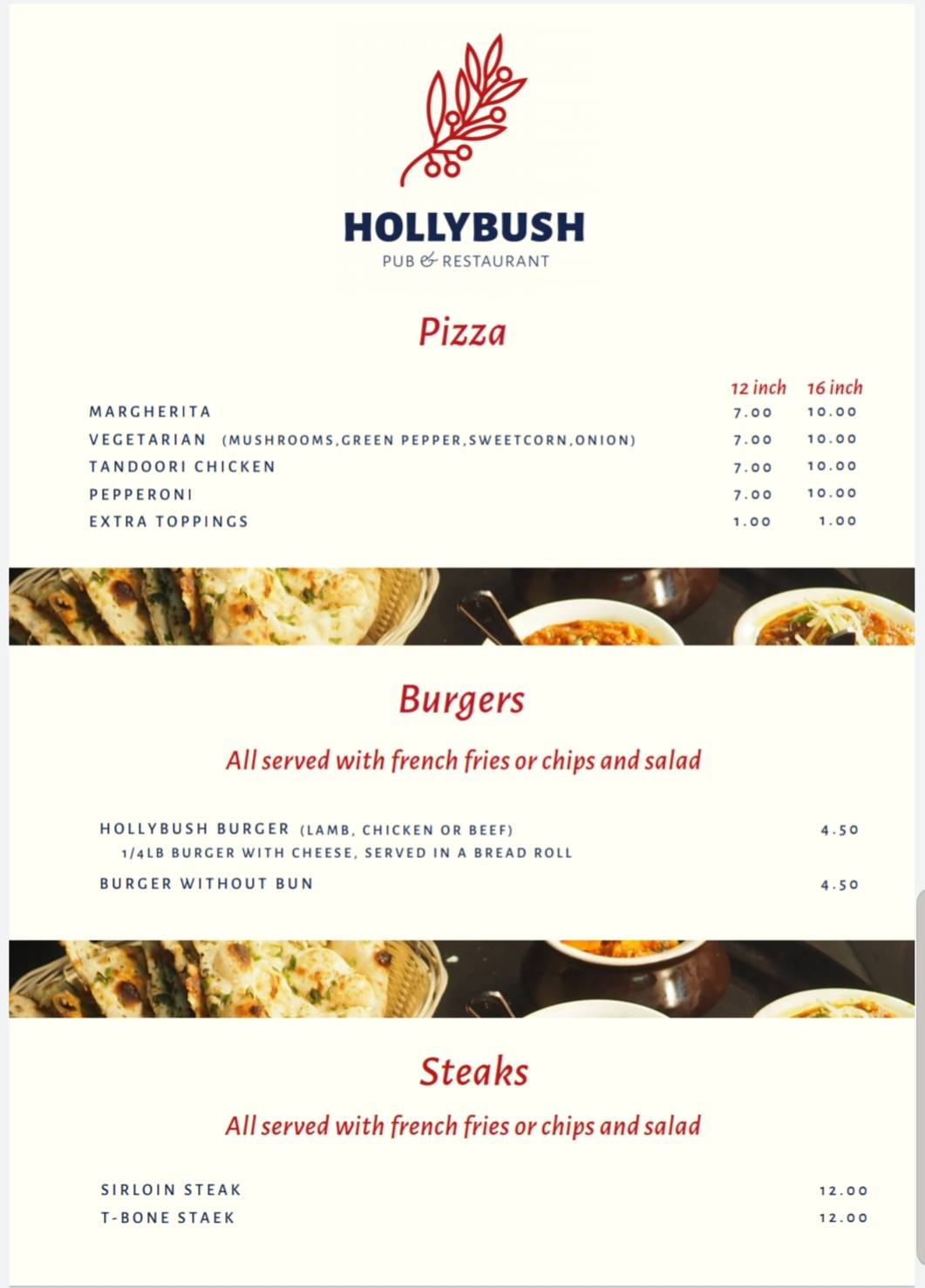Menu at Hollybush pub & bar, Coventry, 270 Holbrook Ln