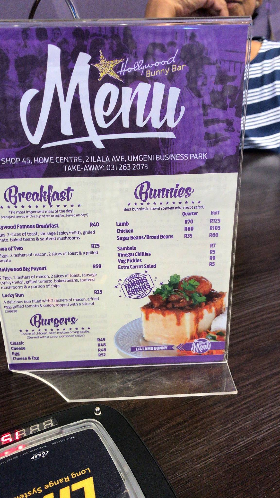 Menu at Hollywood Bunny Bar, Springfield Park, Durban