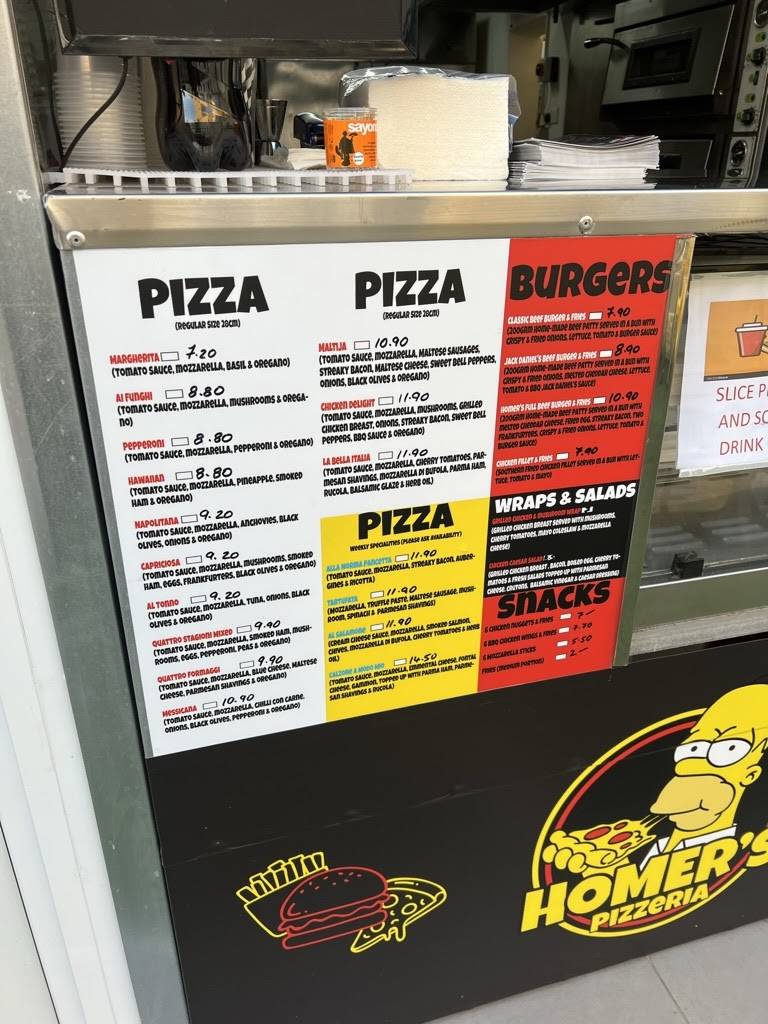 Menu at Homer's Pizzeria, Luqa