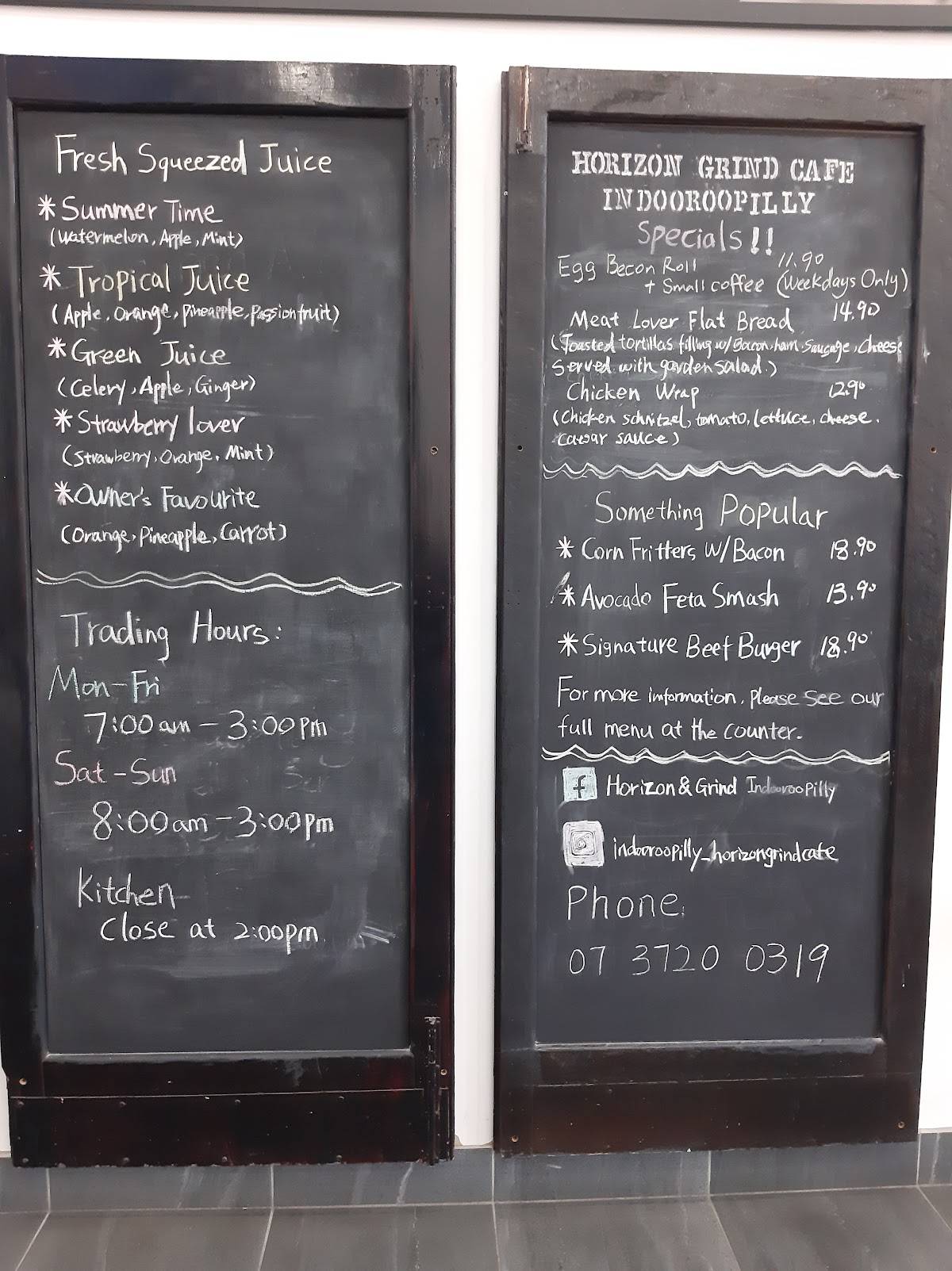 Carta de Horizon & Grind Cafe Indooroopilly, Taringa