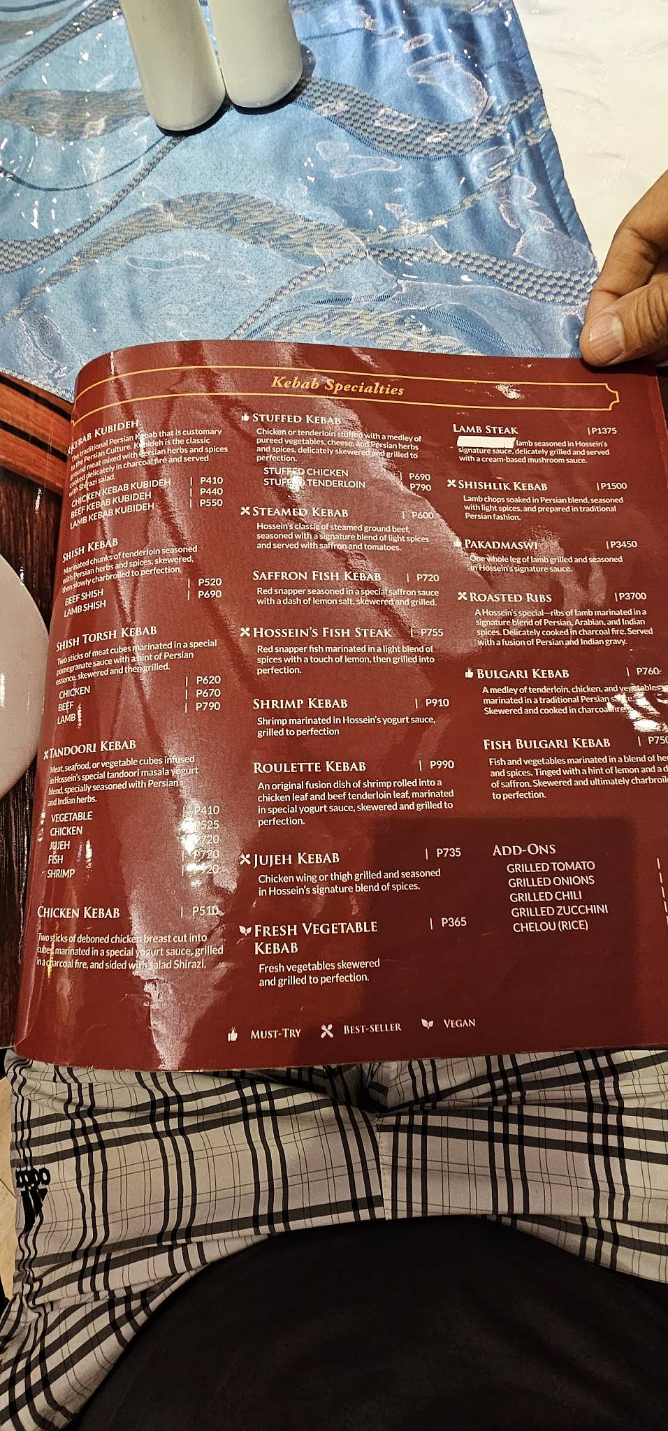 Menu at Hossein's Persian Kebab restaurant, Makati, LKV Building