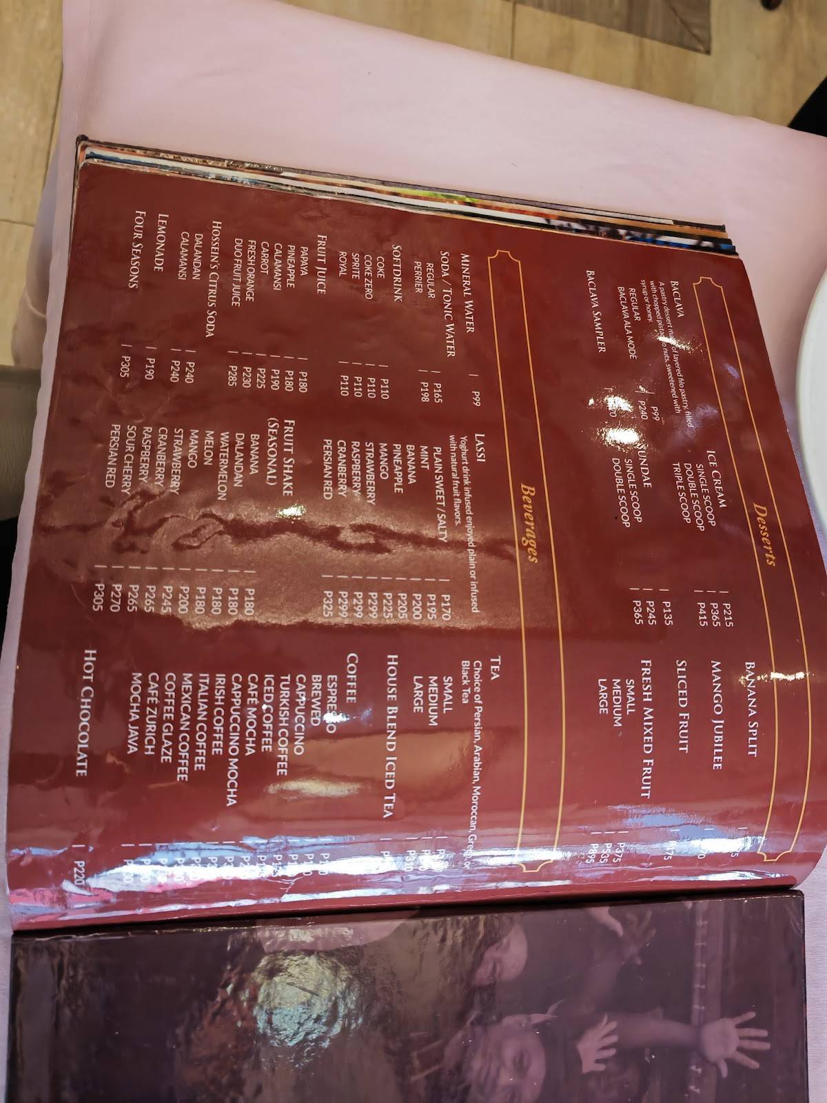 Menu at Hossein's Persian Kebab restaurant, Makati, LKV Building
