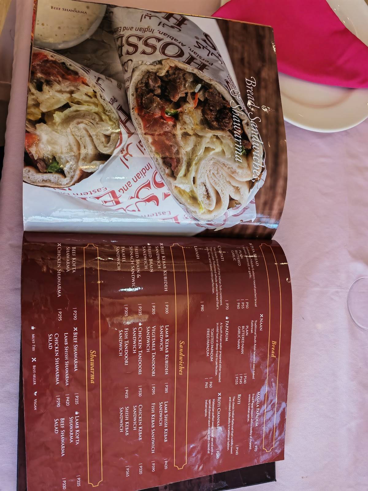 Menu at Hossein's Persian Kebab restaurant, Makati, LKV Building
