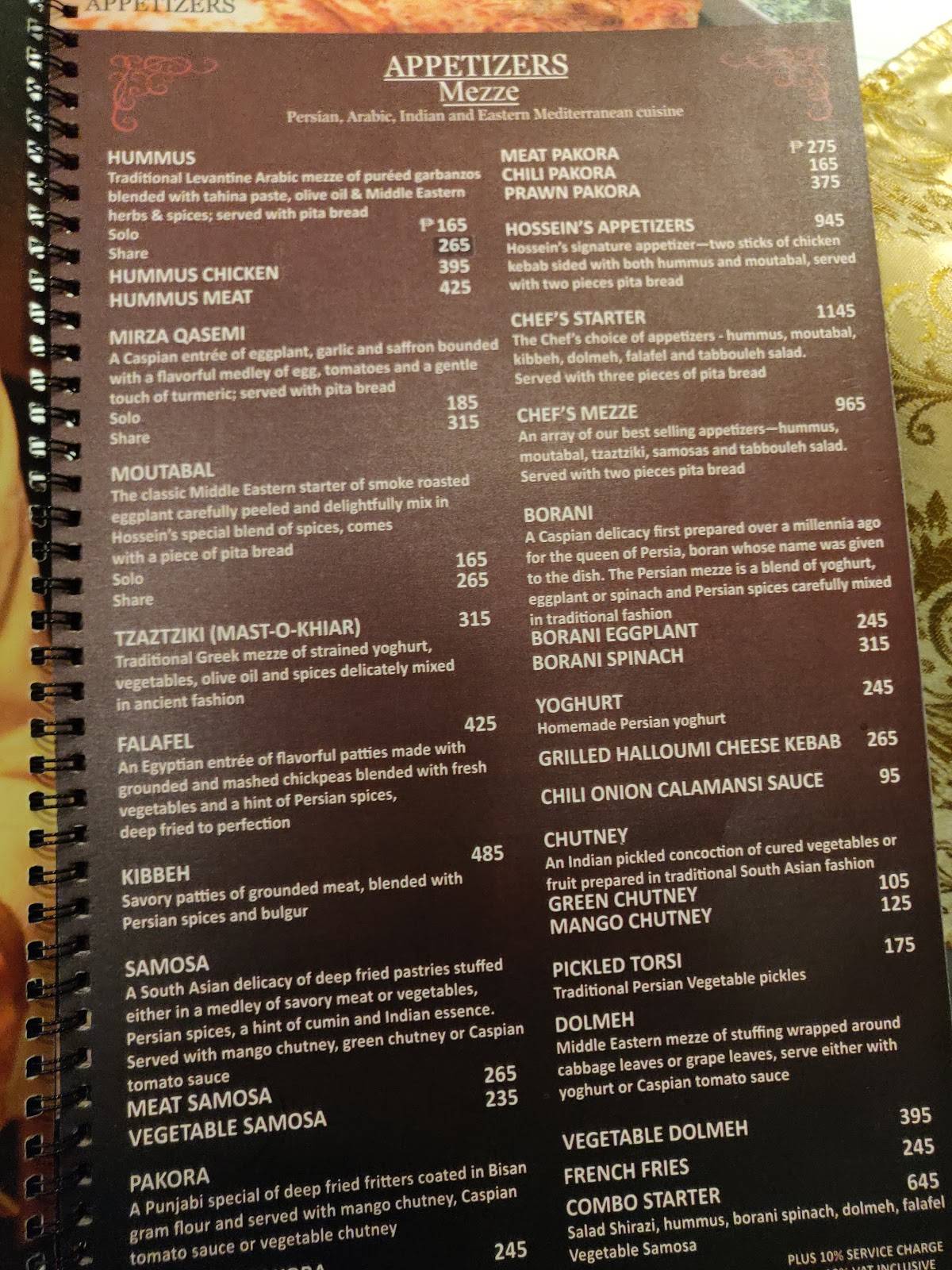 Menu at Hossein's Persian Kebab restaurant, Makati, LKV Building