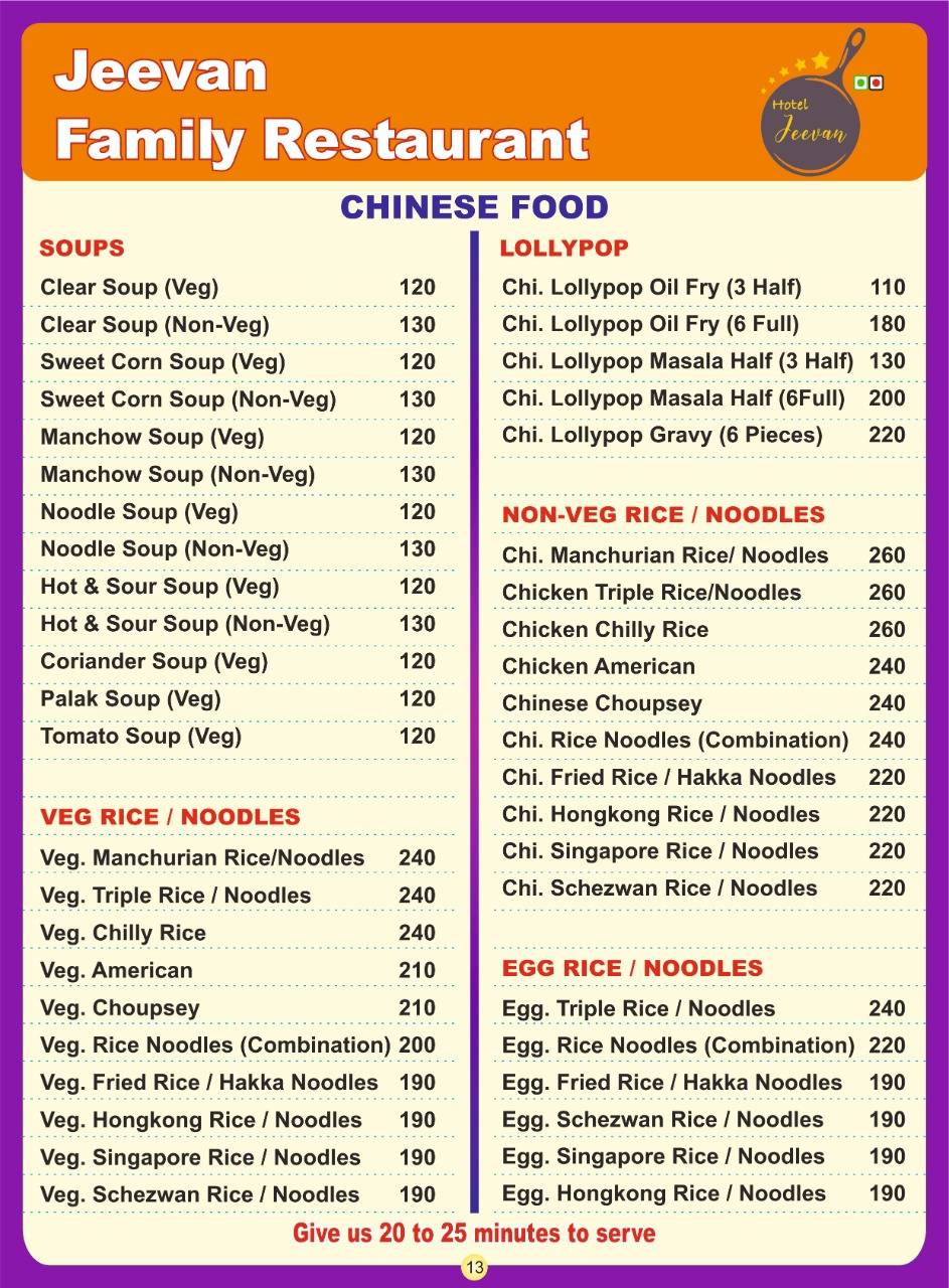 Menu at Hotel Jeevan, Chinchwad, Pune, near Ramakrishna auditorium
