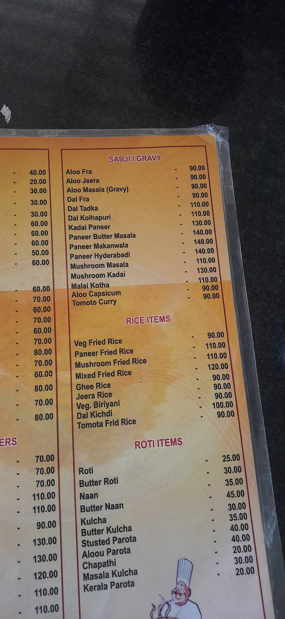 Menu at Hotel Mysore gate. Kerala Restaurants, India