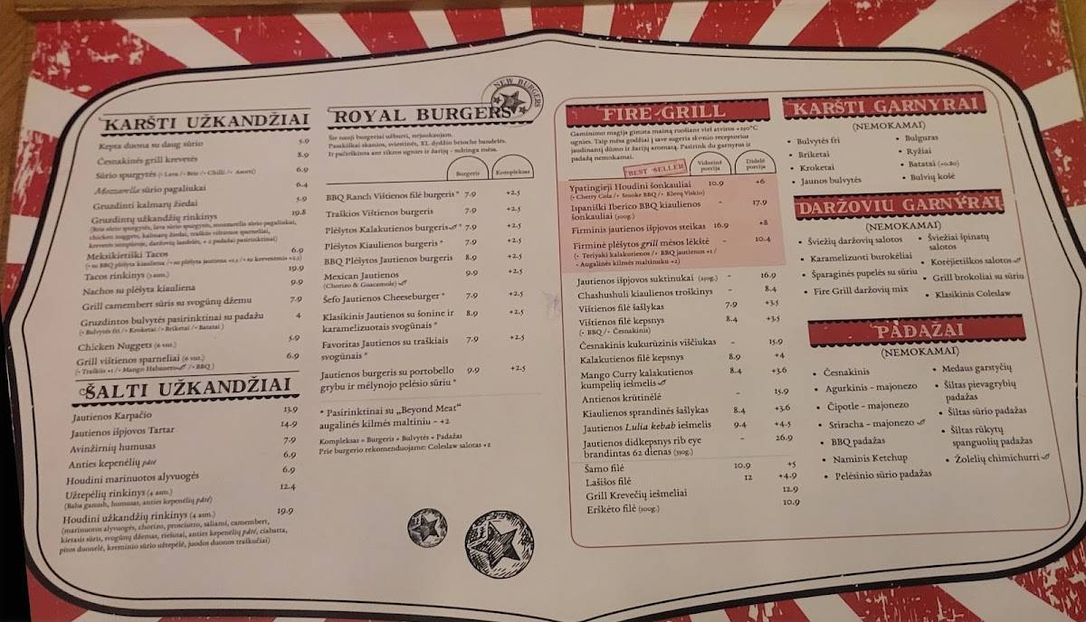 Menu at Houdini pub & bar, Vilnius
