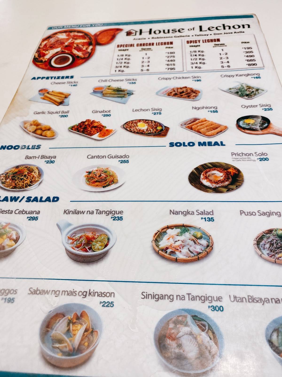 Menu at House of Lechon restaurant, Cebu City, Acacia St