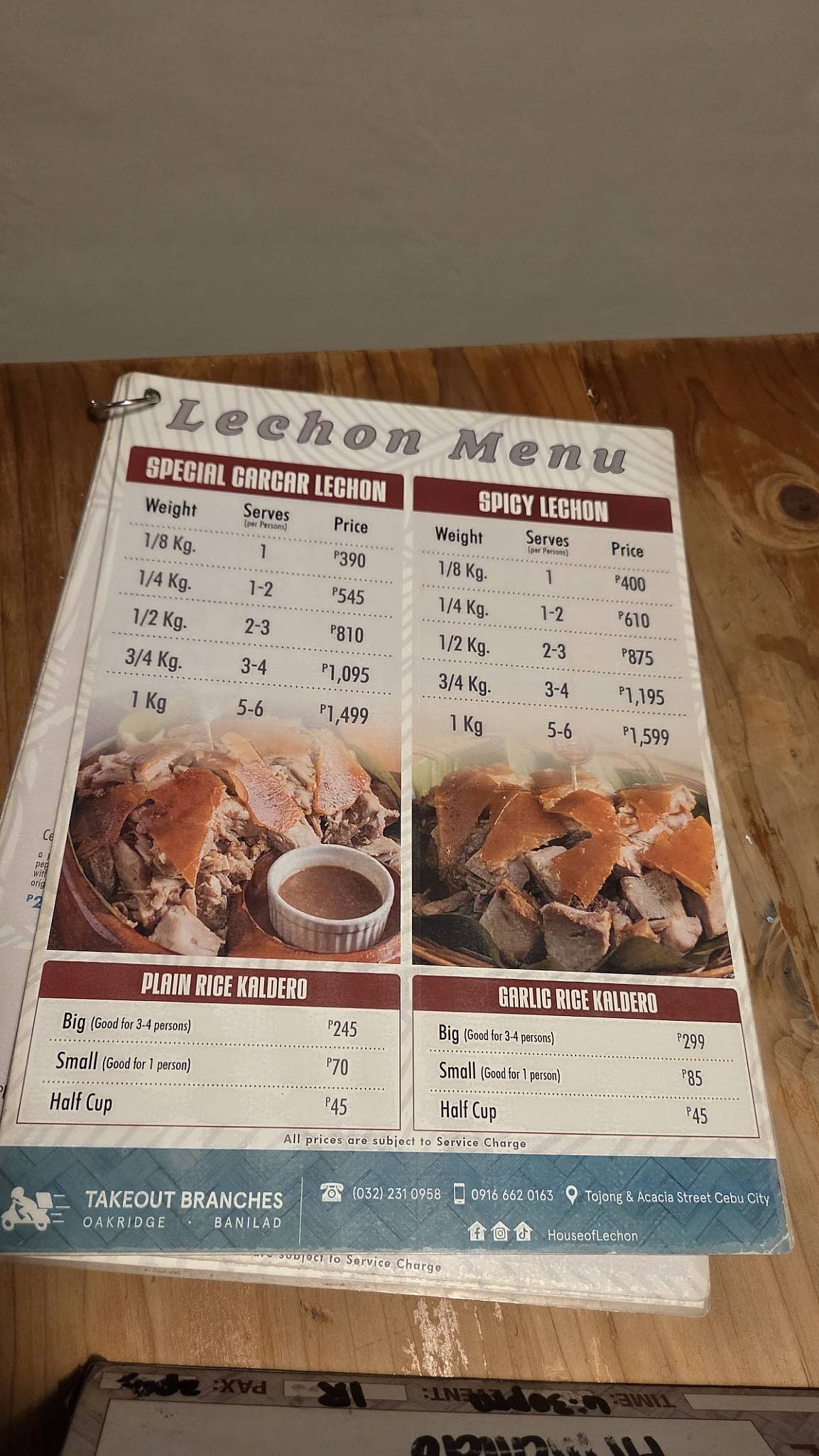 Menu at House of Lechon restaurant, Cebu City, Acacia St