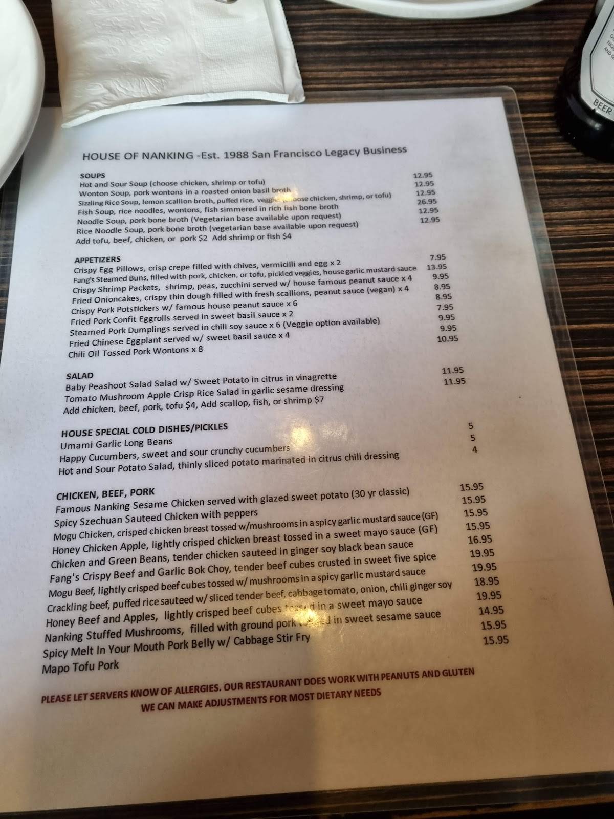 Menu at House of Nanking restaurant, San Francisco