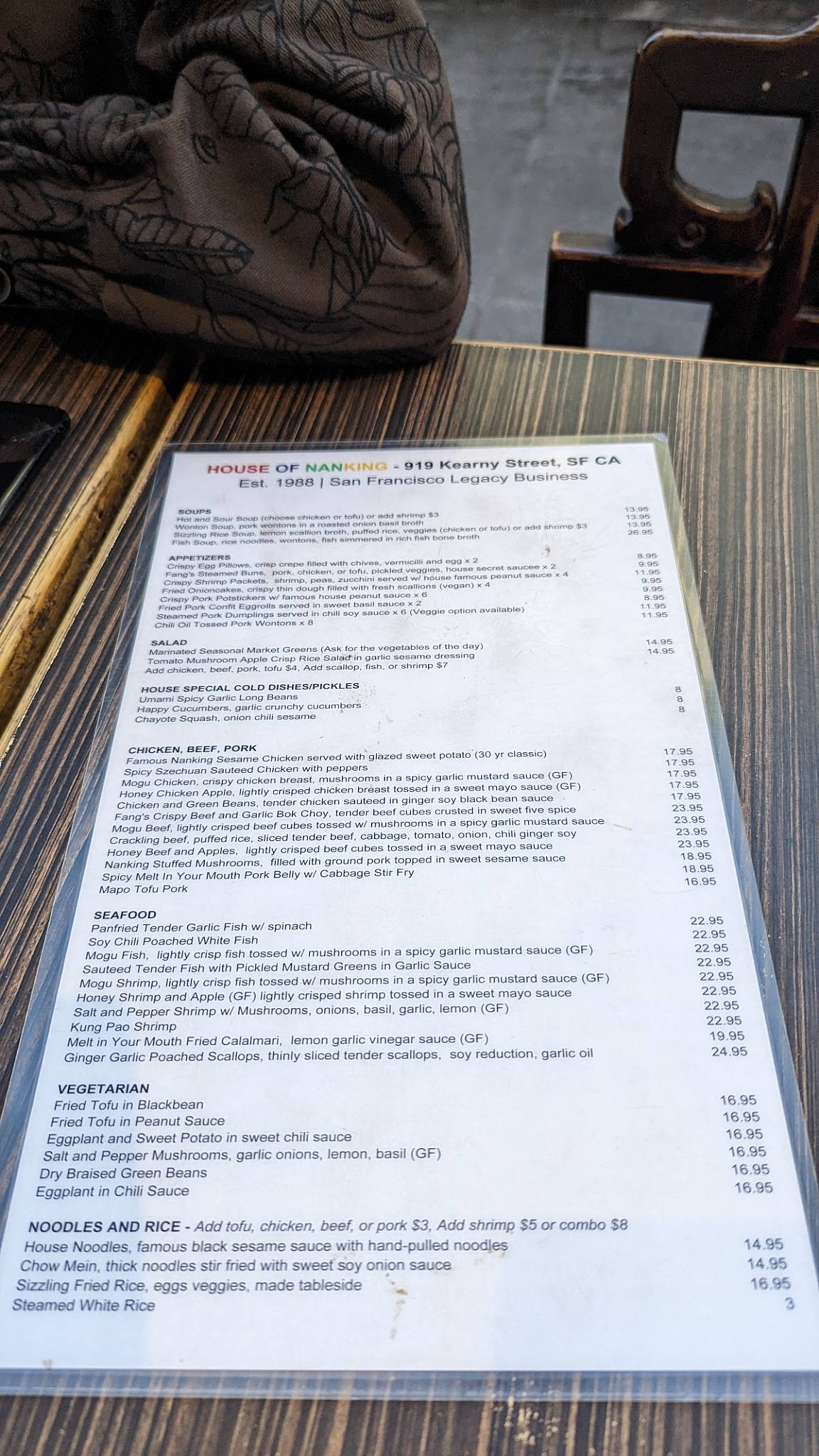Menu at House of Nanking restaurant, San Francisco