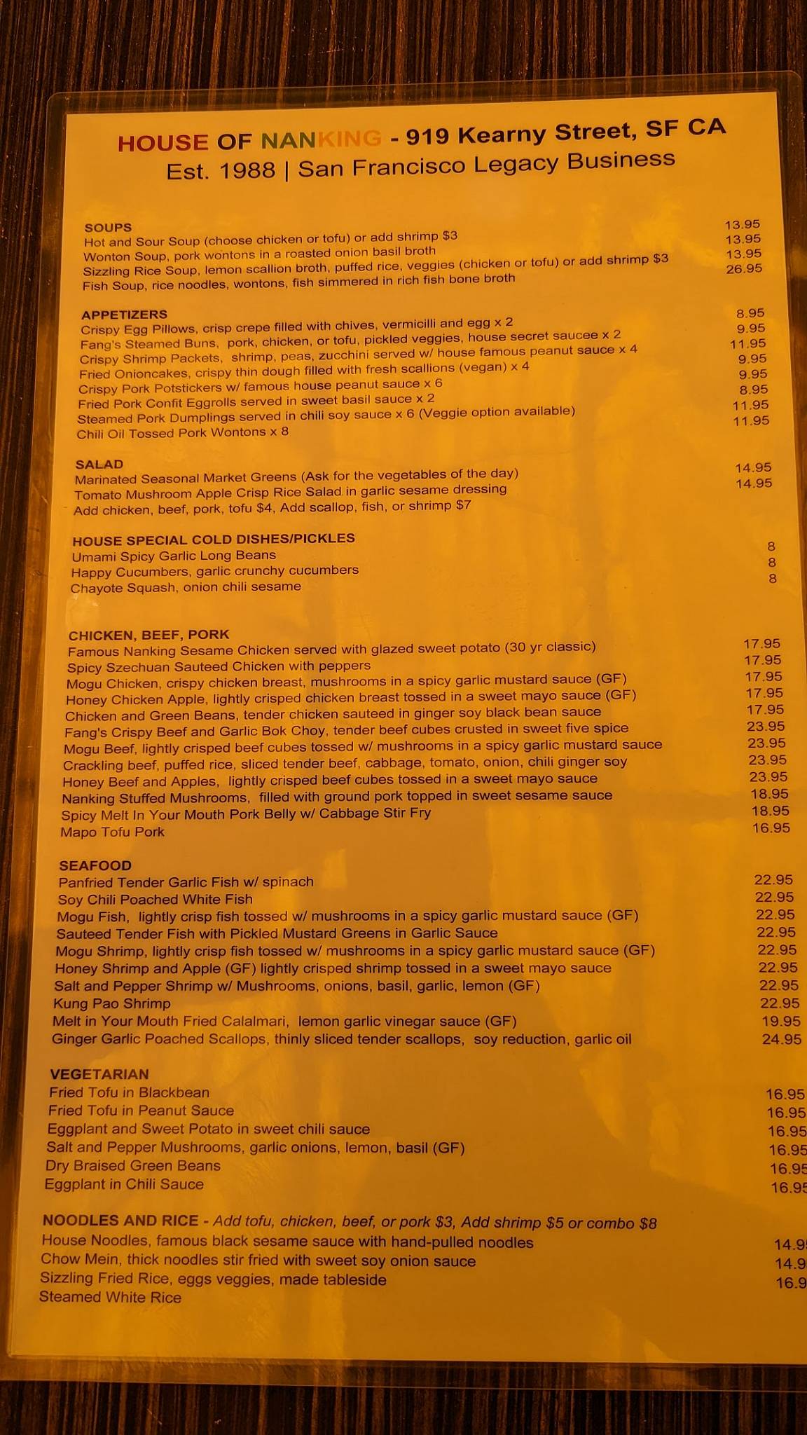 Menu at House of Nanking restaurant, San Francisco
