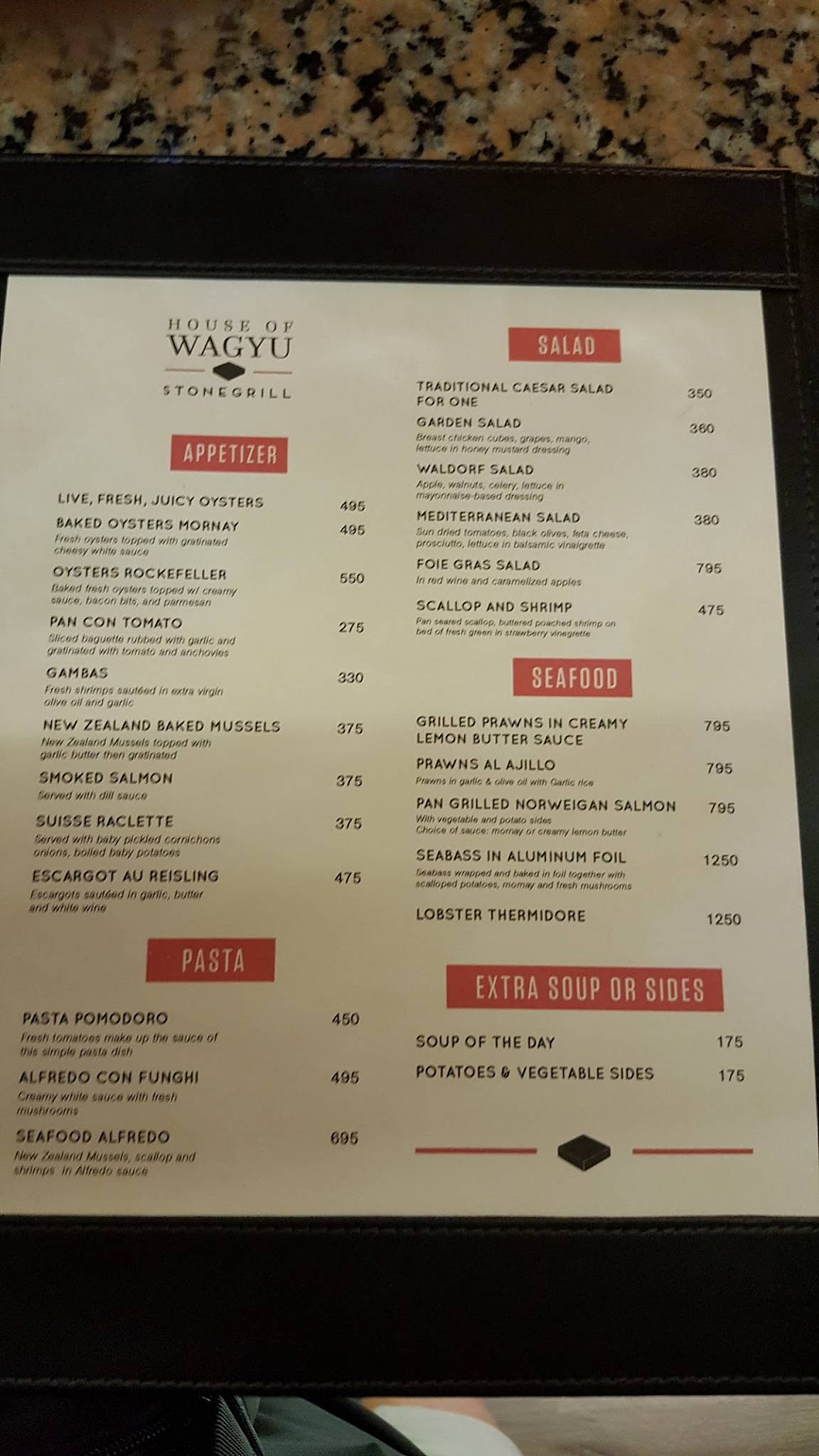 Menu at House of Wagyu Stone Grill steakhouse, Pasay