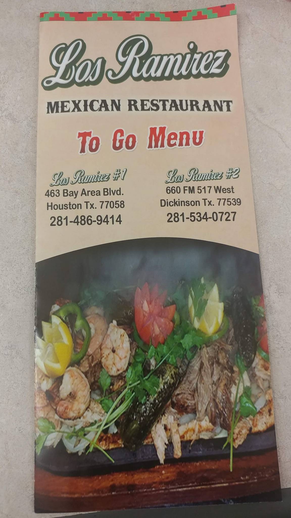 Menu at Los Ramirez Mexican Restaurant, Houston, 463 Bay Area Blvd