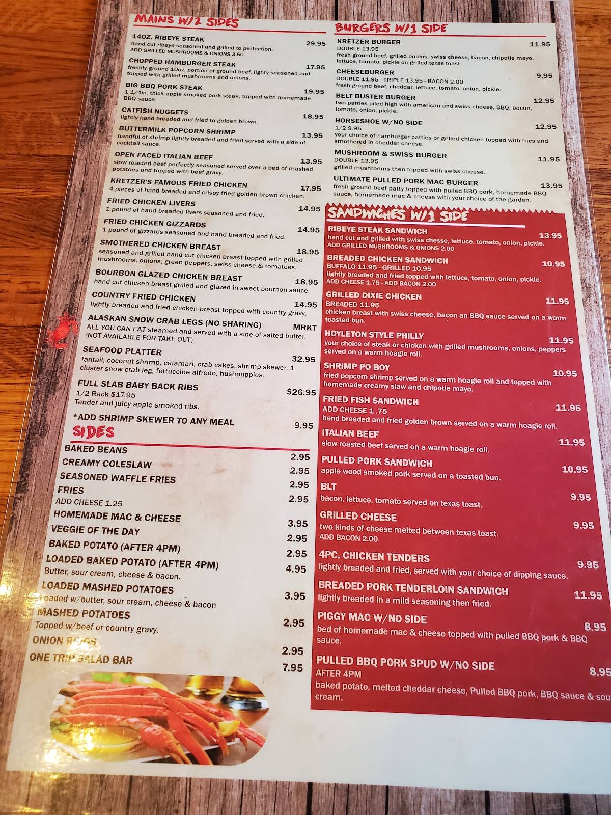 Menu at Kretzer's Grill and Bar, Hoyleton