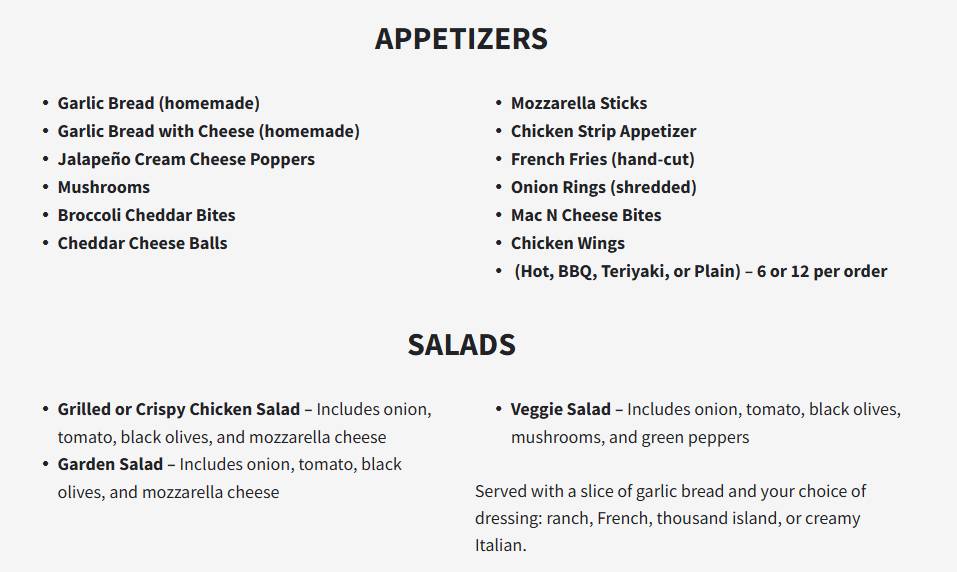 Menu at Carol Ann's Pizza LLC pizzeria, Hubertus