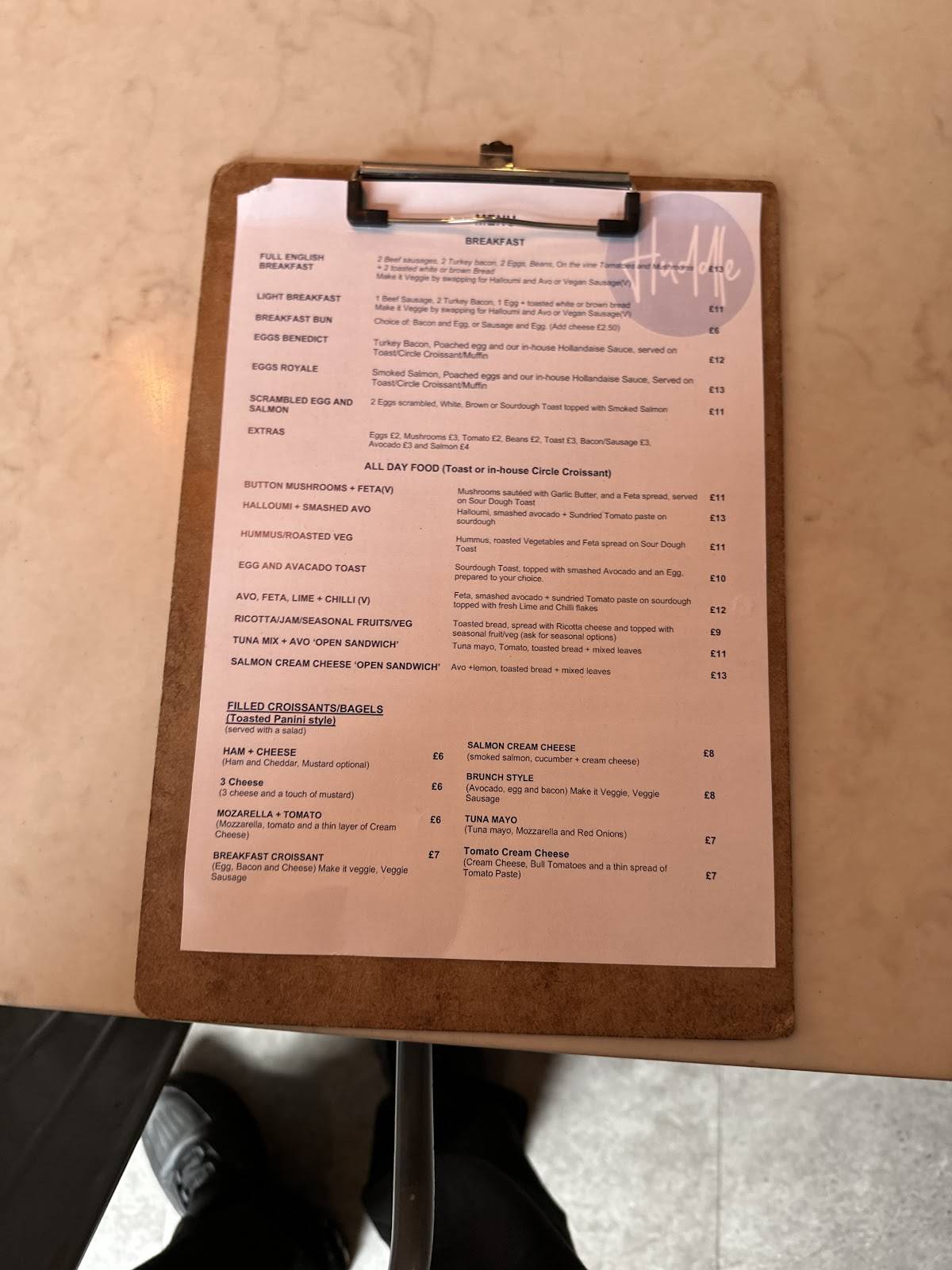 Menu at Huddle cafe, Gerrards Cross