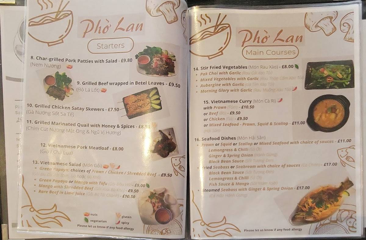Menu at Phở Lan restaurant, Hull