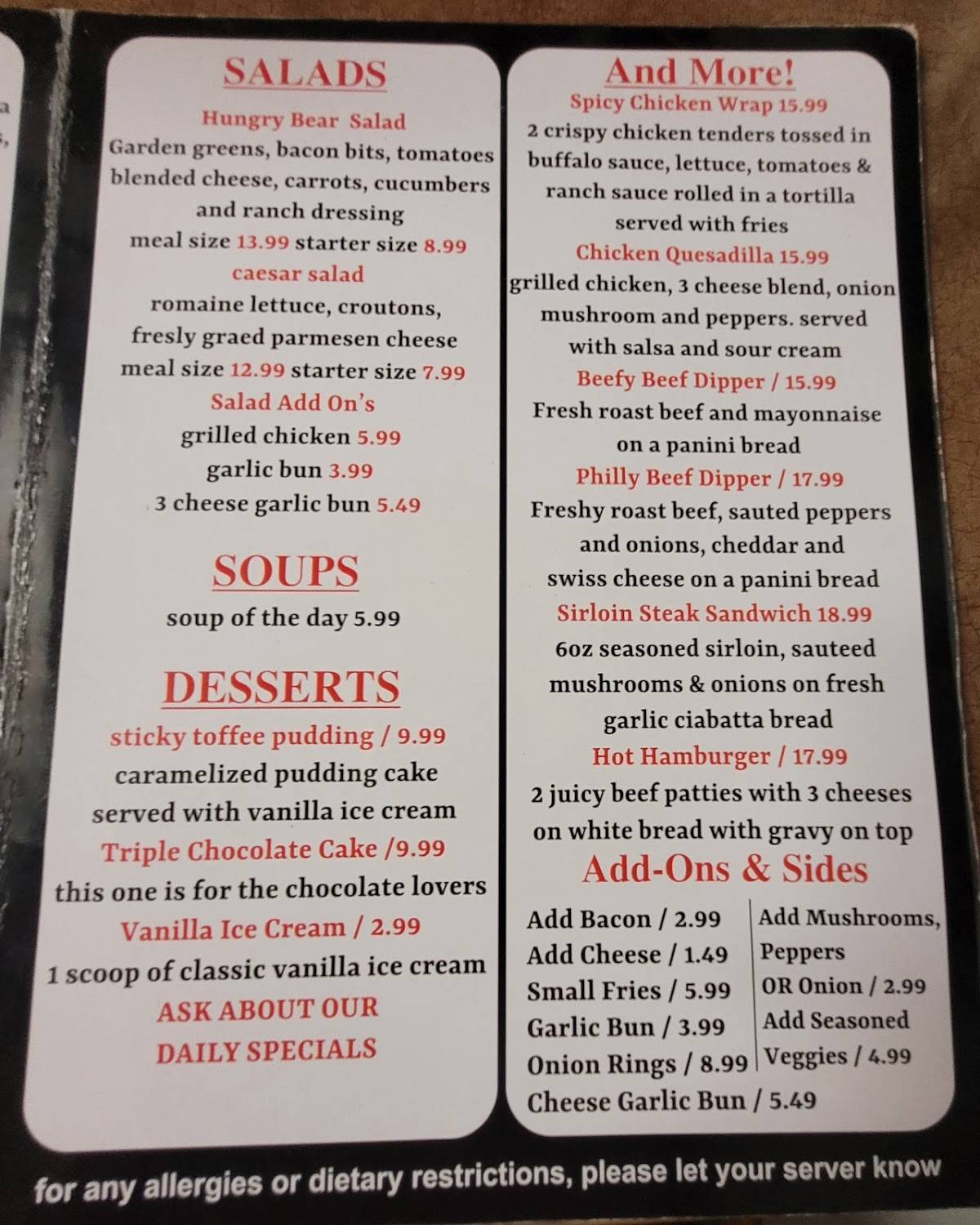 Menu at Hungry Bear Diner One restaurant, Lac la Hache