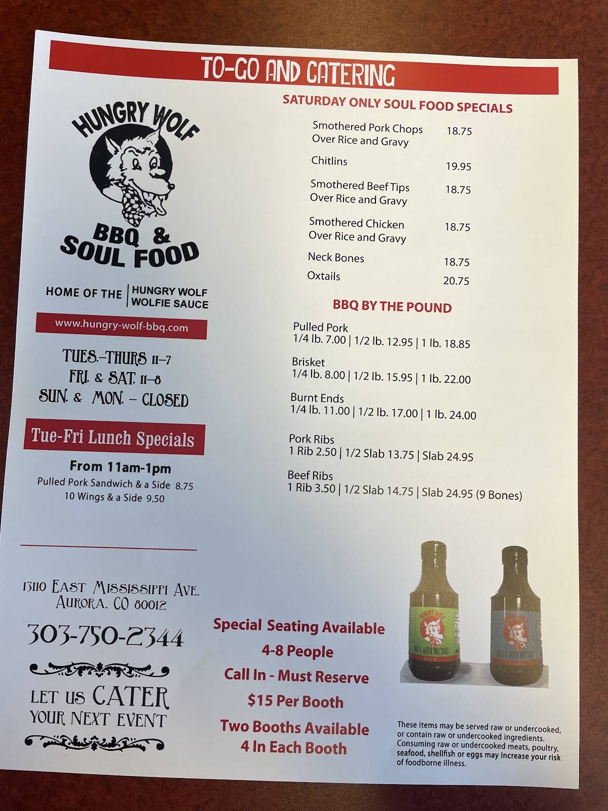 Menu at Hungry Wolf BBQ, Aurora, E Mississippi Ave