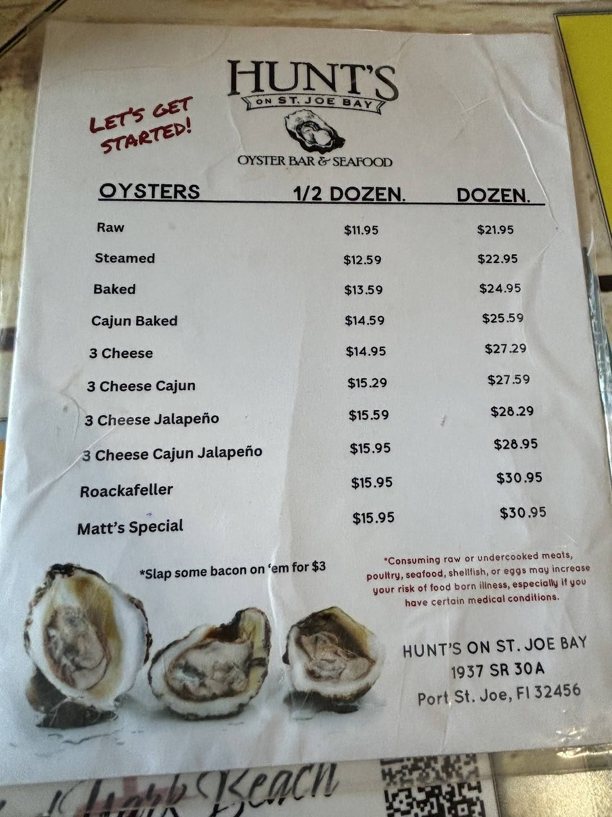 Menu at Hunt's on St Joe Bay restaurant, Port Saint Joe