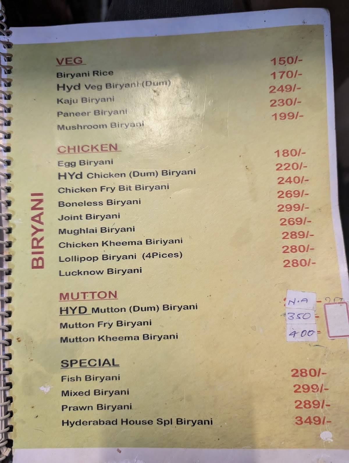 Menu at Hyderabad Biryani House, Chennai