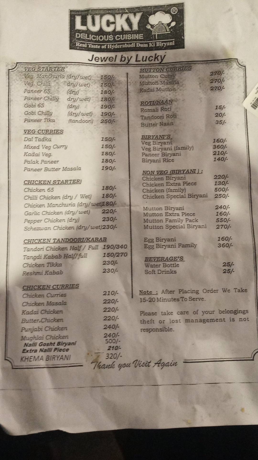 Menu at Lucky Restaurant, Hyderabad, Alkapuri X Roads(Uppal)
