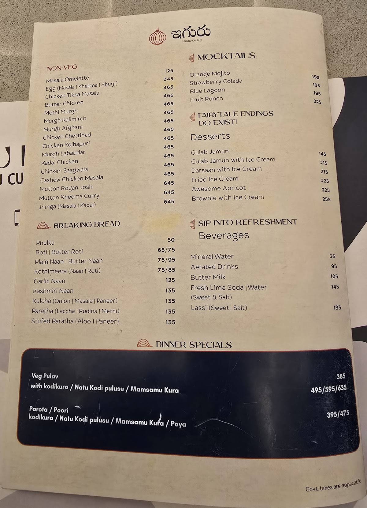 Menu at IGURU Banquets & Restaurant, Hyderabad