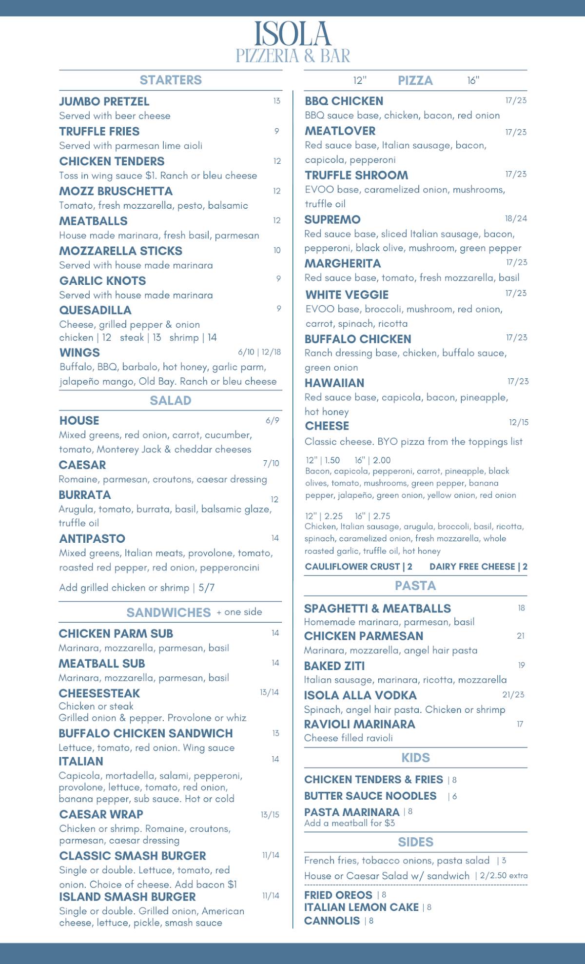Menu at ISOLA Pizzeria and Bar, Hatteras