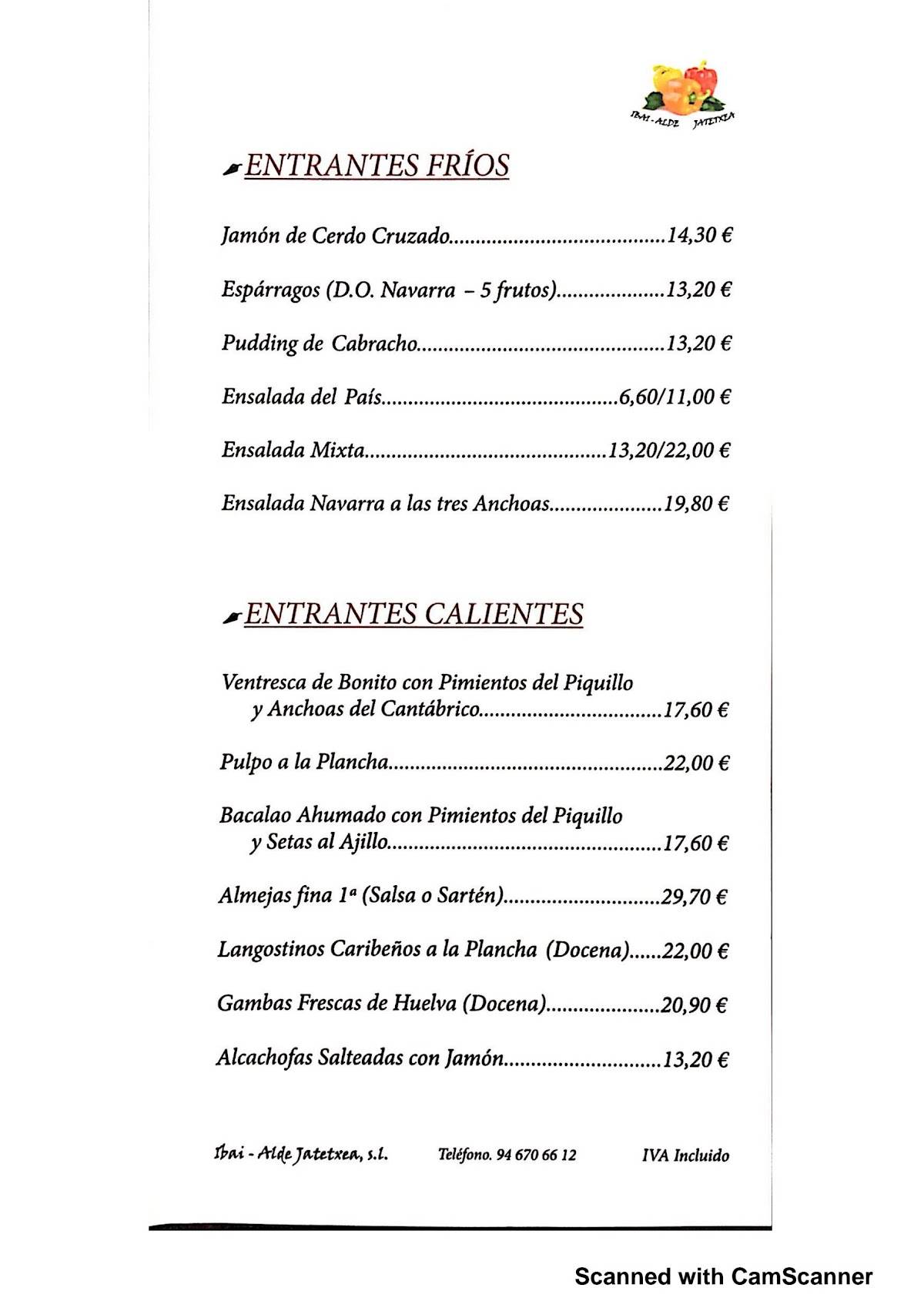 Carta del restaurante Ibai Alde jatetxea, Pobeña.Poveña, Barrio del Pobeña