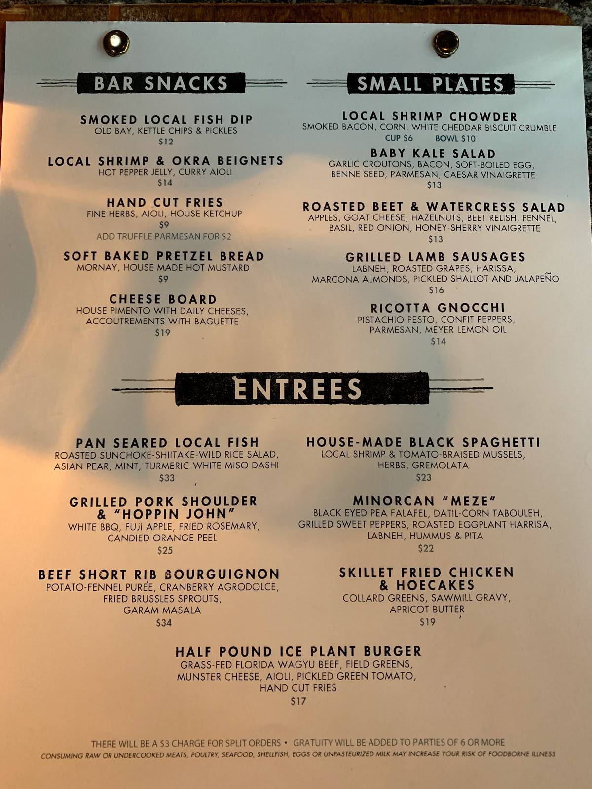 Menu at Ice Plant Bar, St. Augustine
