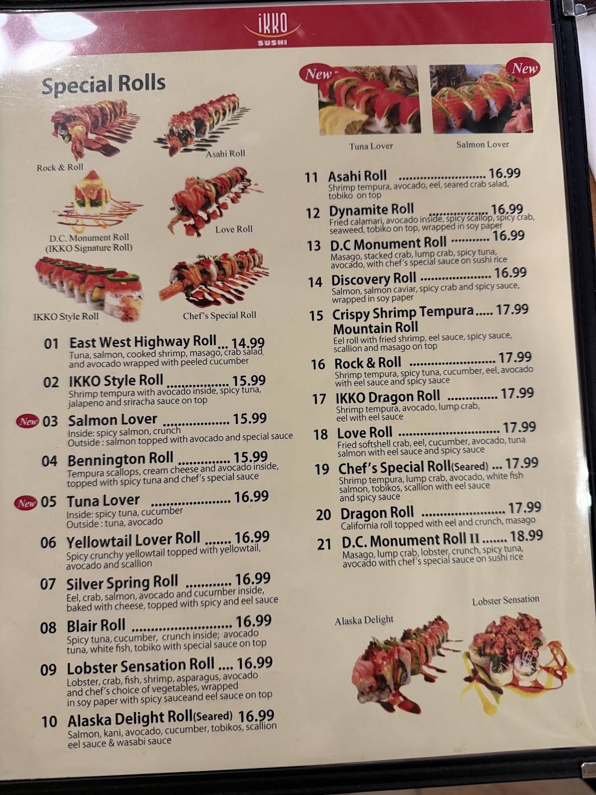 Menu at Ikko Sushi restaurant, Silver Spring