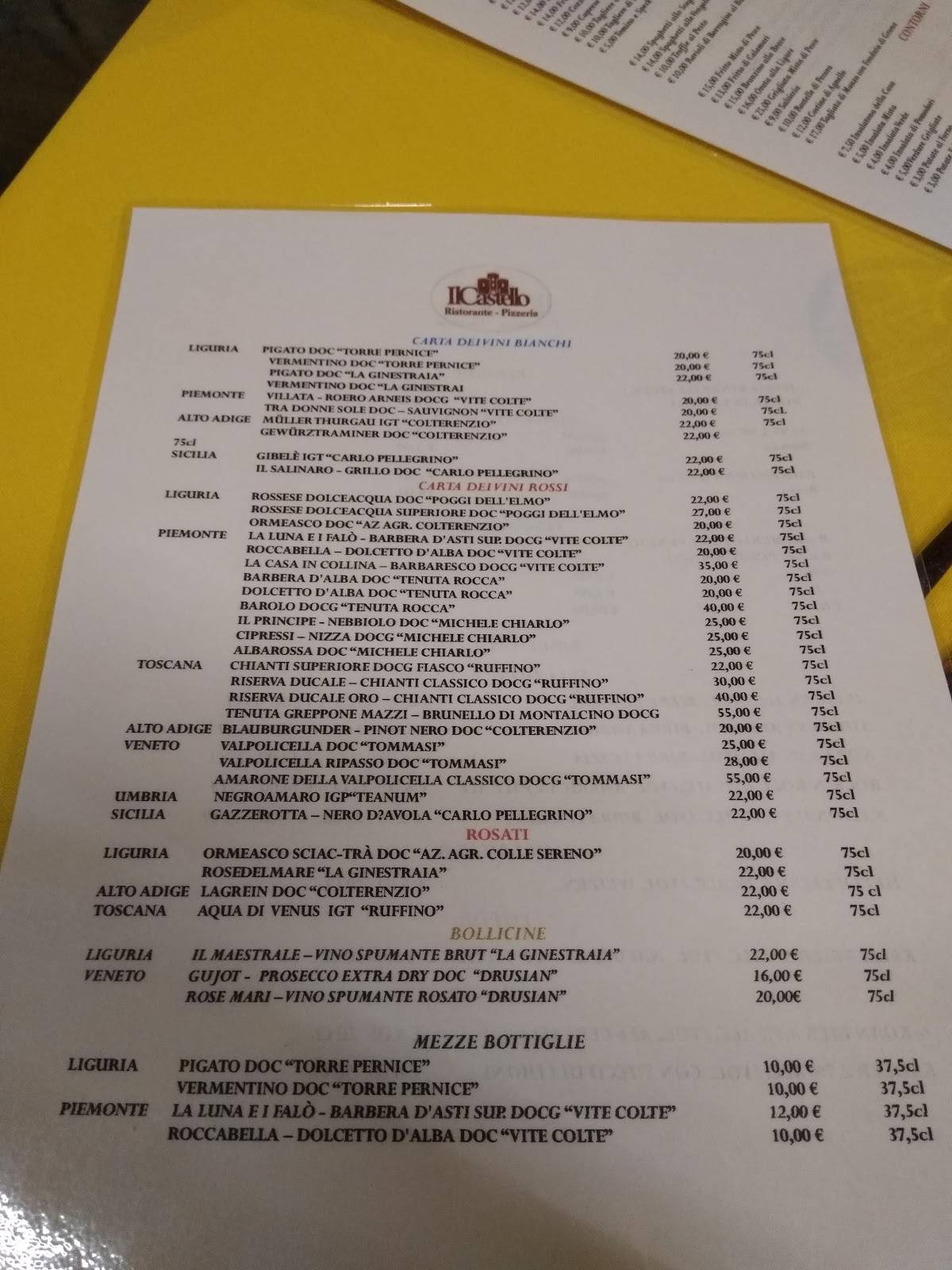 Menu da Il Castello ristorante, Finale Ligure