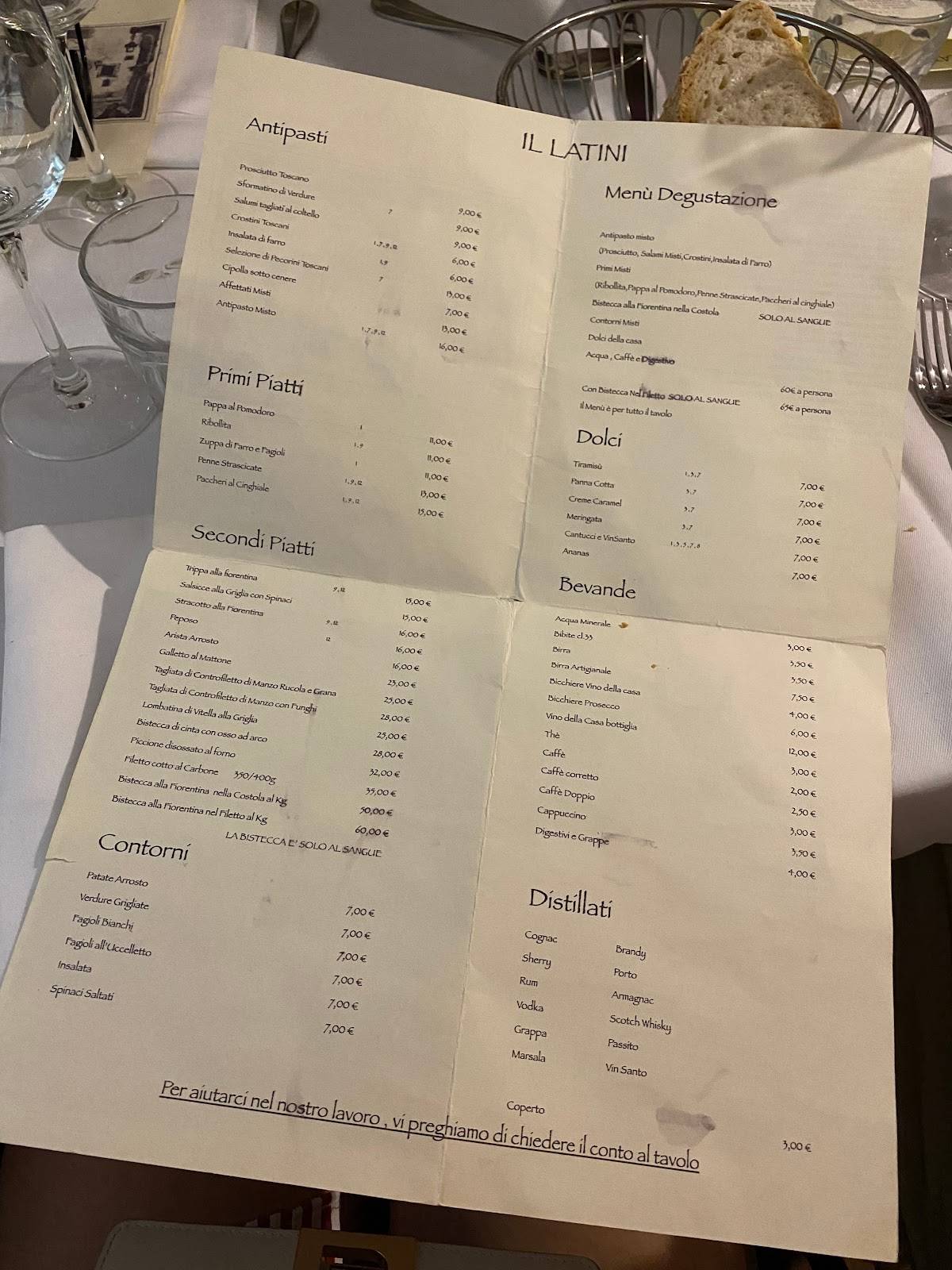Menu at Il Latini restaurant, Florence, Via dei Palchetti