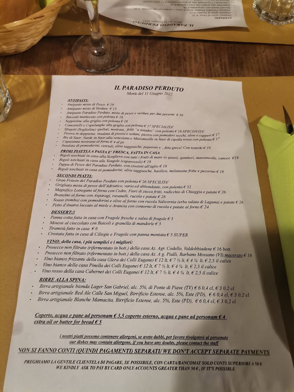 Menu da Paradiso Perduto ristorante, Venezia