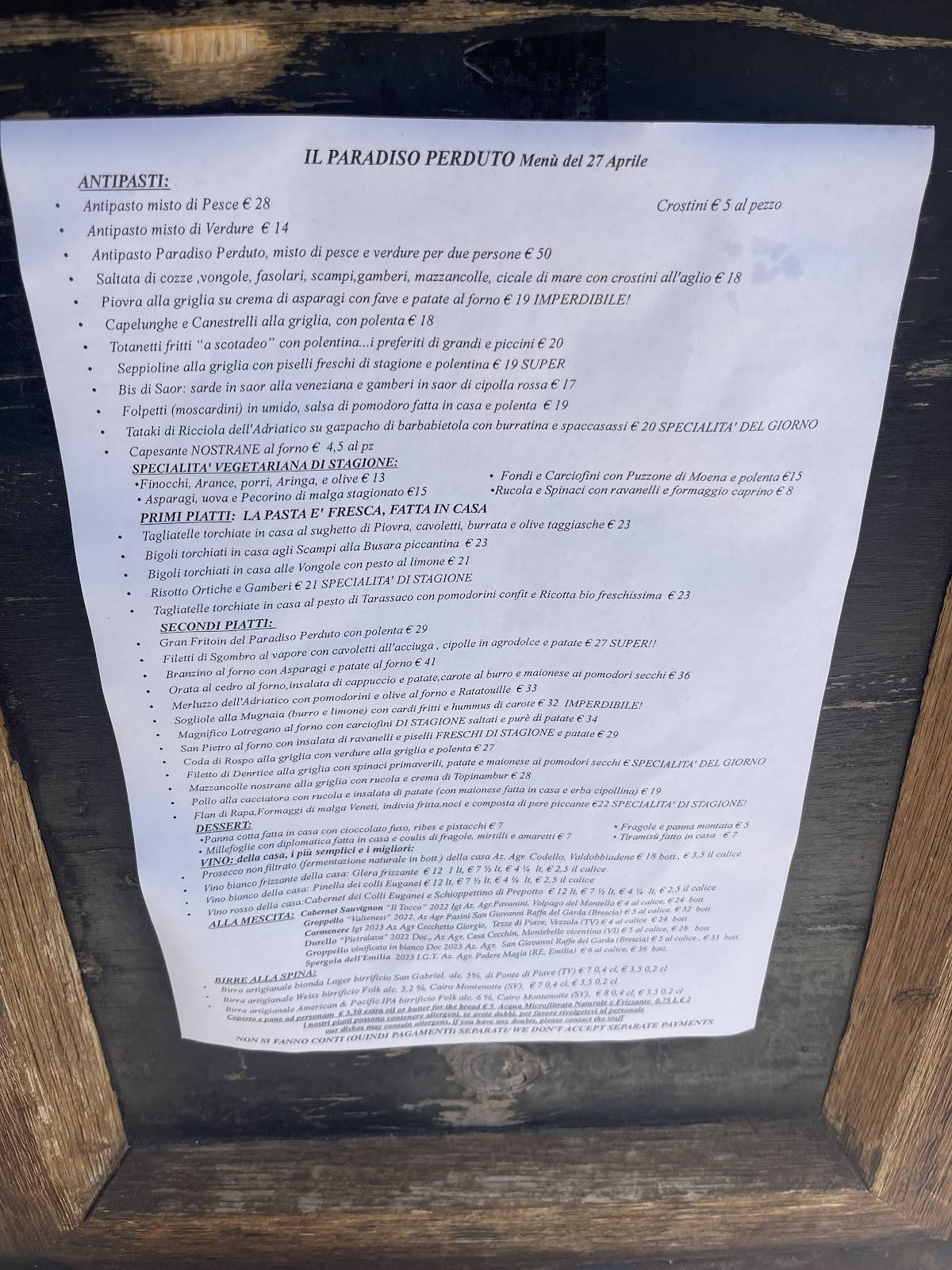 Speisekarte von Il Paradiso Perduto restaurant, Venedig
