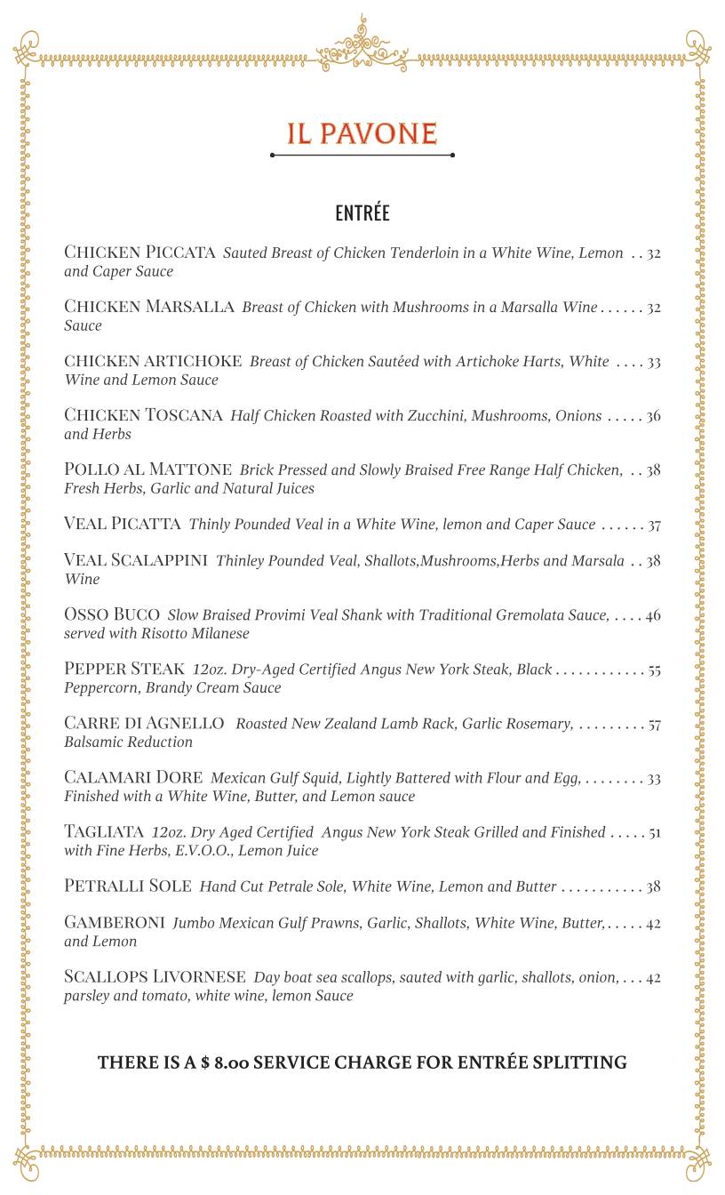 Menu at Il Pavone restaurant, Walnut Creek