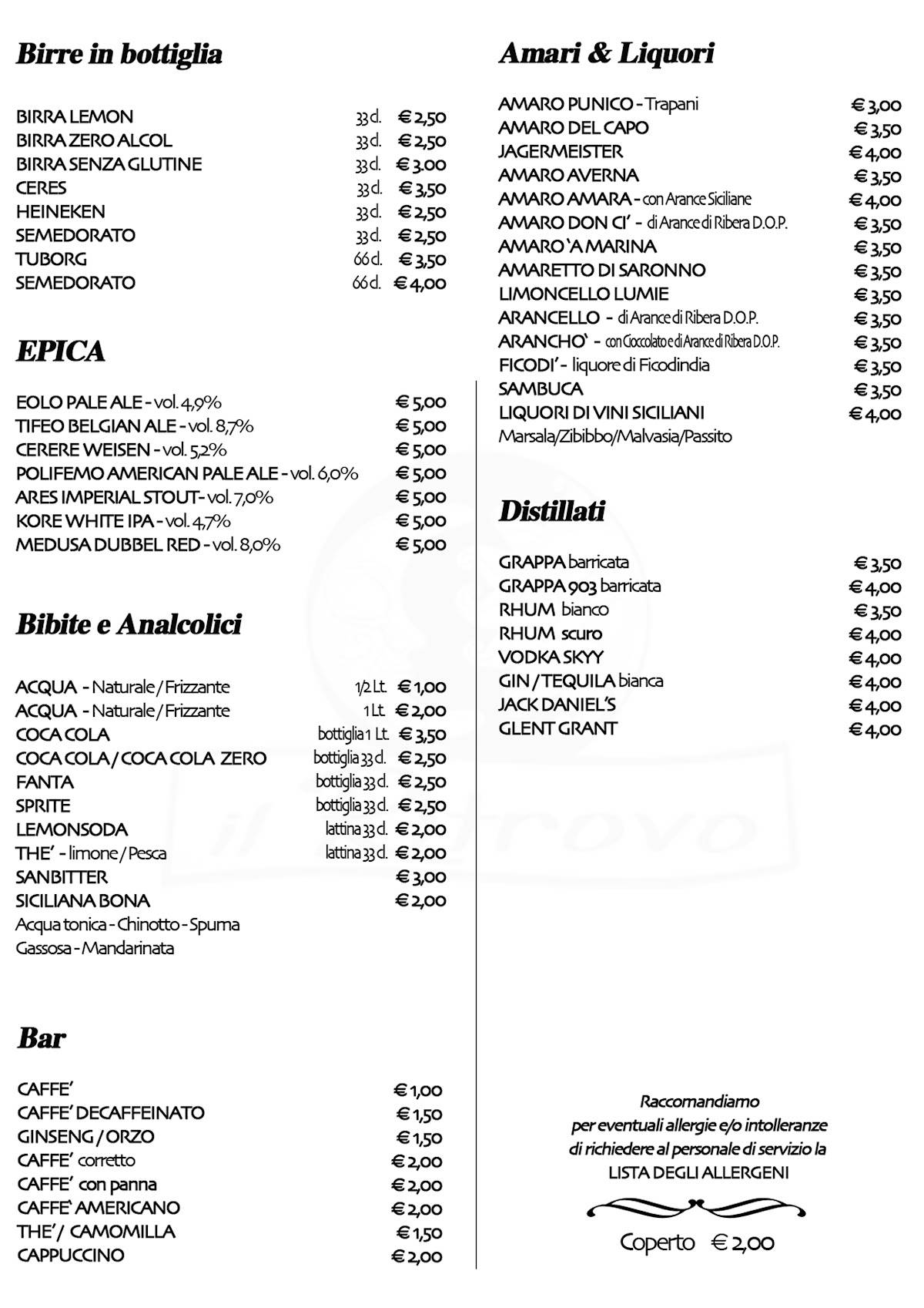Menu da Pizzeria Trattoria Il Ritrovo, Porto Empedocle