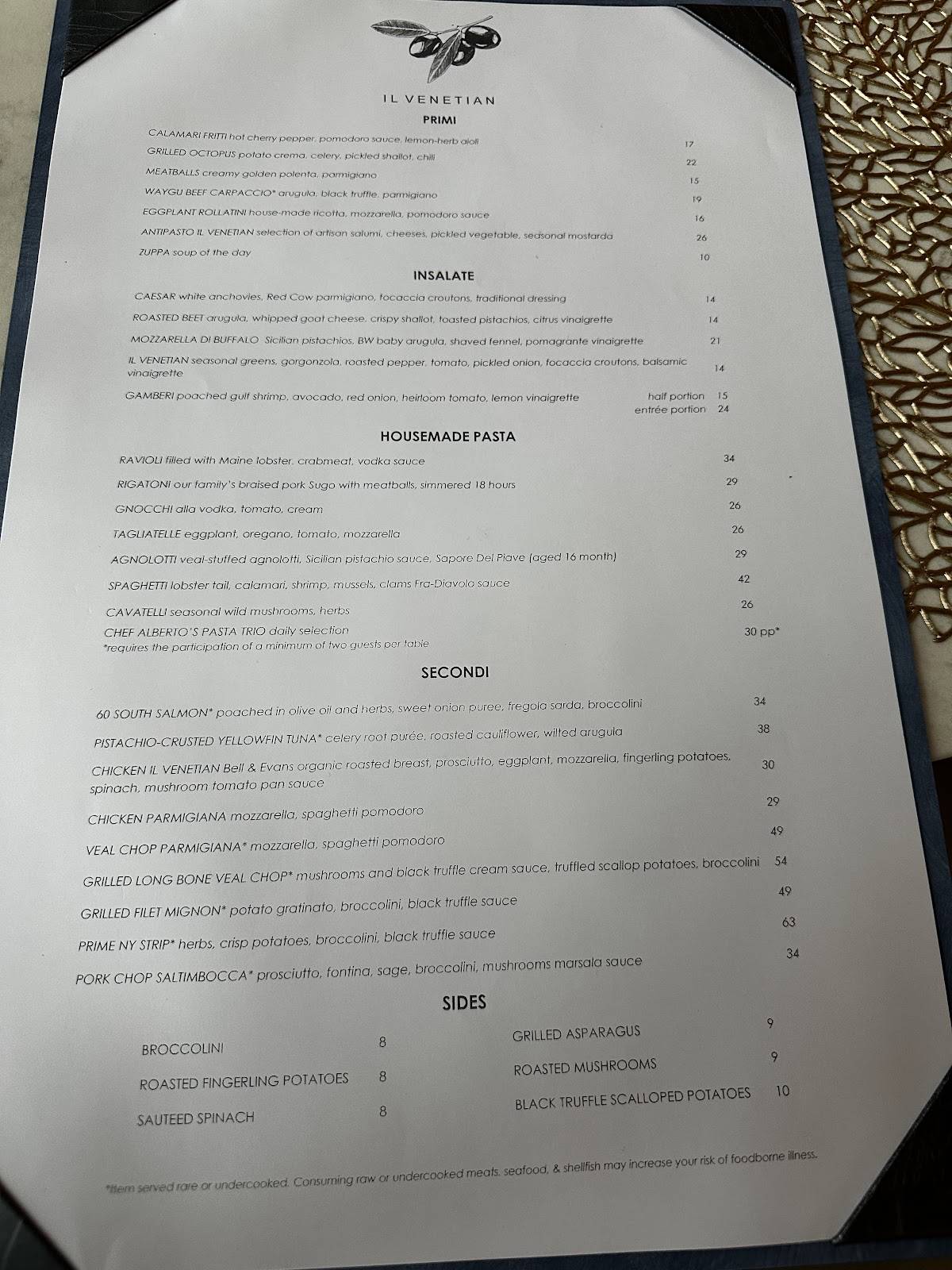 Menu at Il Venetian restaurant, Cleveland, 100 St Clair Ave NE