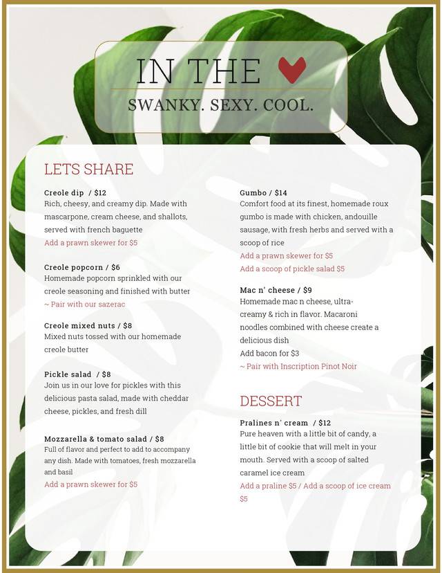 Menu at In The Heart Speakeasy Bar - West Seattle, Seattle