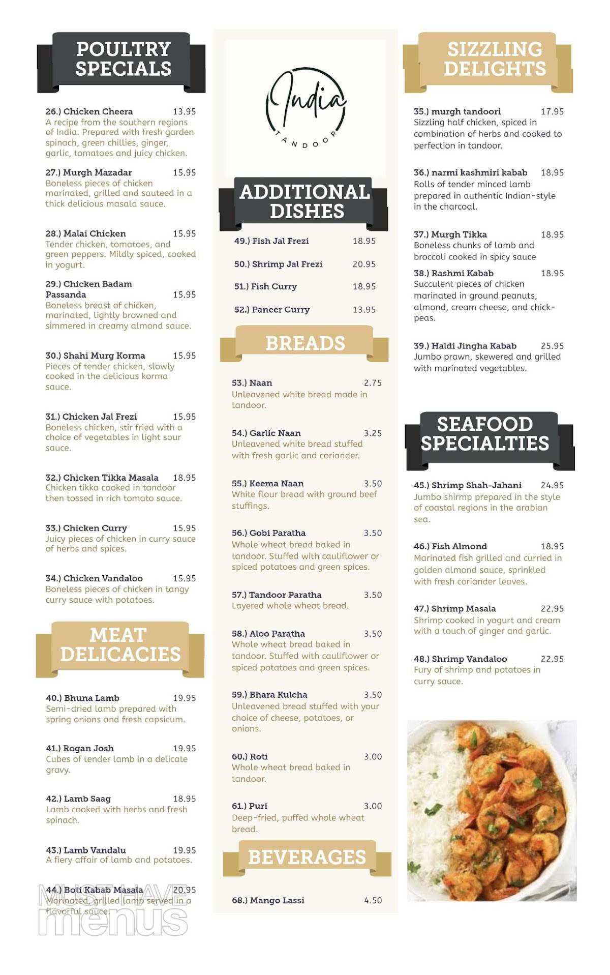 Menu at India Tandoor restaurant, Baltimore, Huntingdon Ave