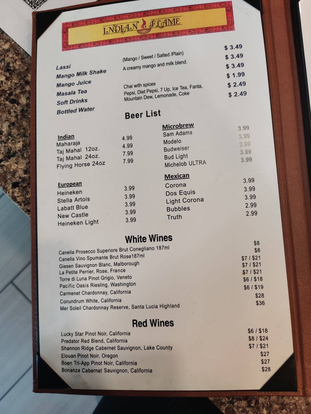 Menu at Indian Flame Restaurant, Cleveland