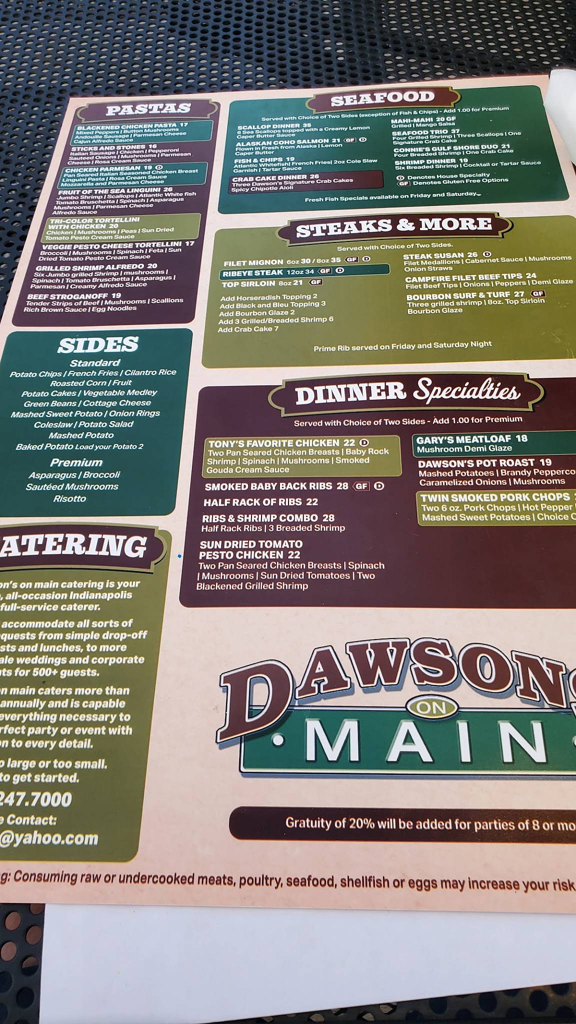 Menu at Dawson's On Main pub & bar, Speedway