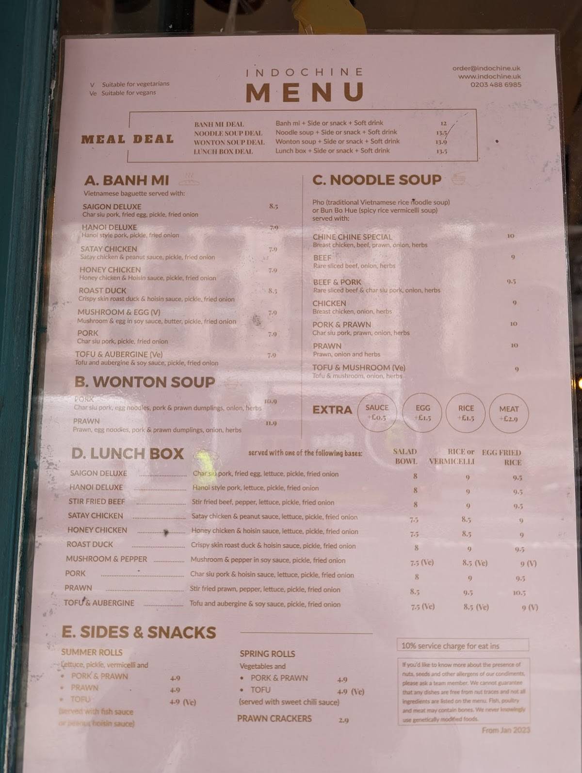 Menu at Indochine restaurant, London