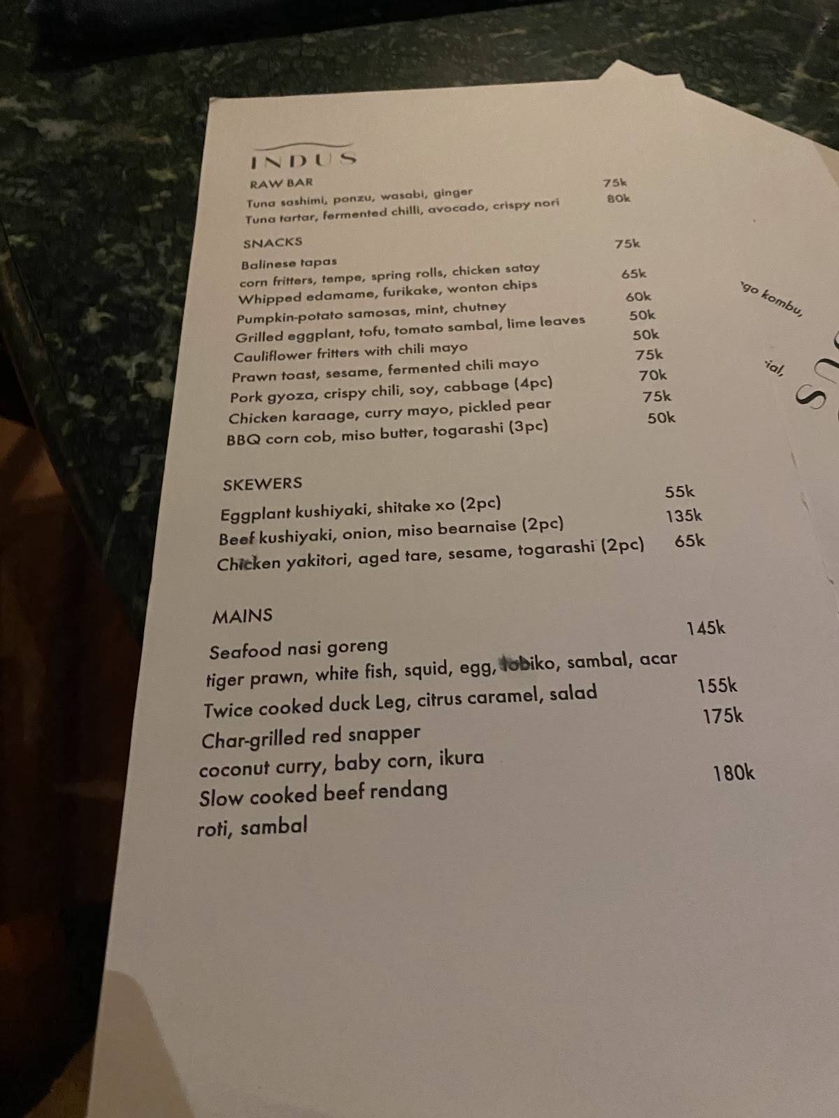 Menu at Indus Restaurant, Ubud