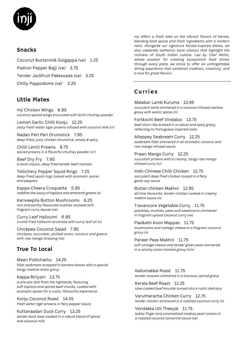 Menu at Inji restaurant, Sutton Coldfield