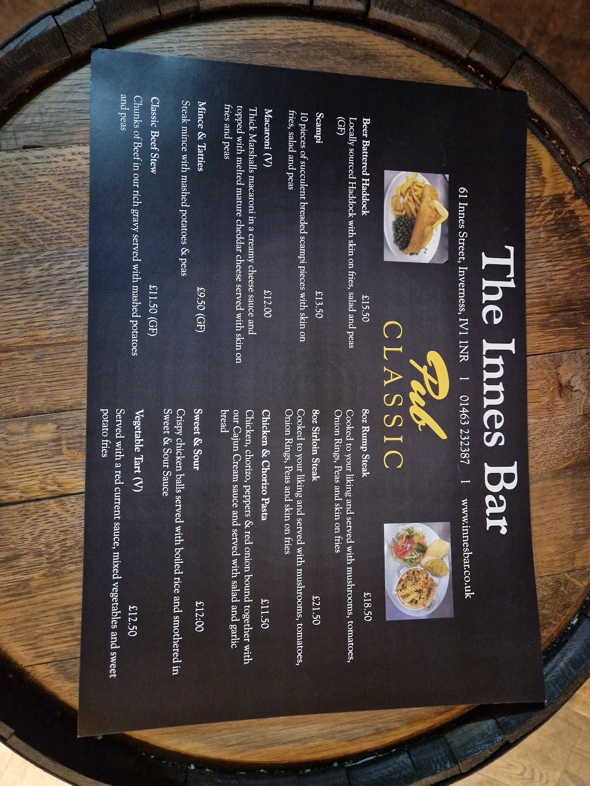Menu at Innes Bar, Inverness
